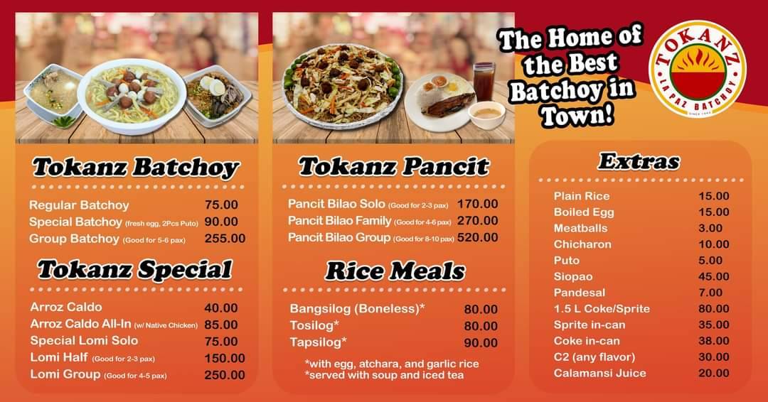 Menu at Tokanz Lapaz Batchoy restaurant, Kalibo