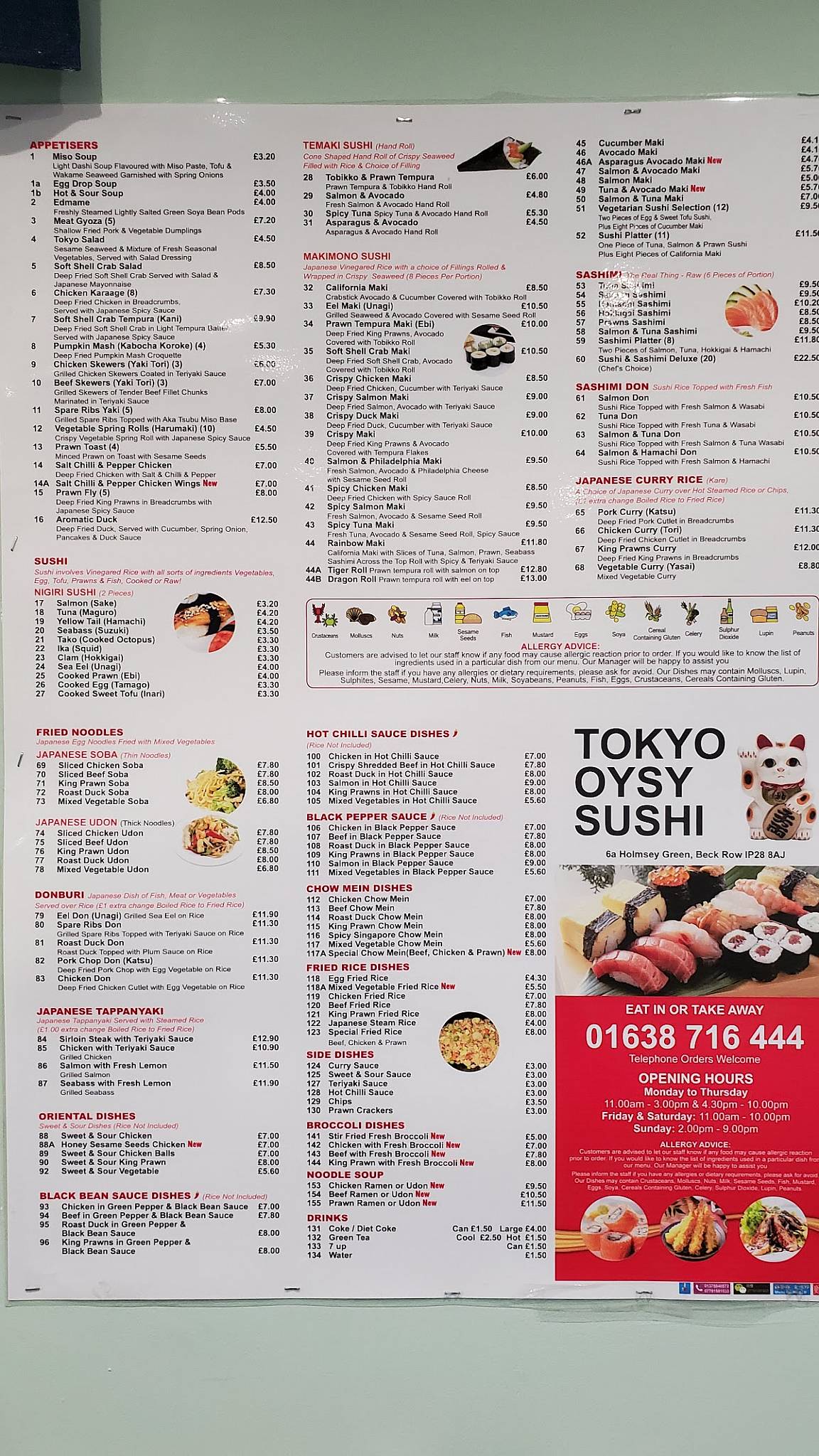 Menu at Tokyo Oysy Sushi restaurant, Beck Row
