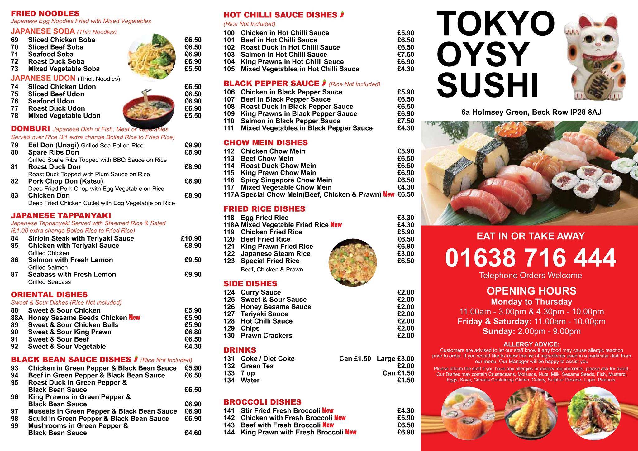 Menu at Tokyo Oysy Sushi restaurant, Beck Row