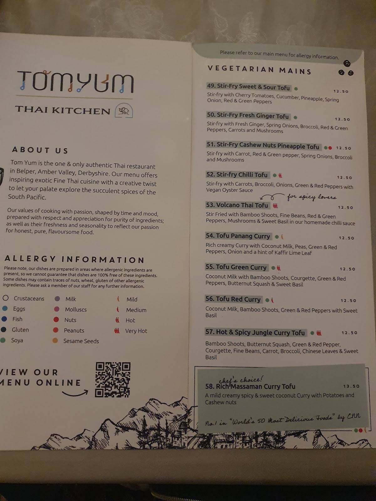 Menu at Tom Yum Thai Kitchen restaurant, Belper