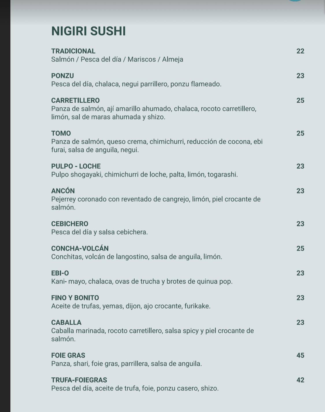 Carta del restaurante Tomo Cocina Nikkei, Miraflores