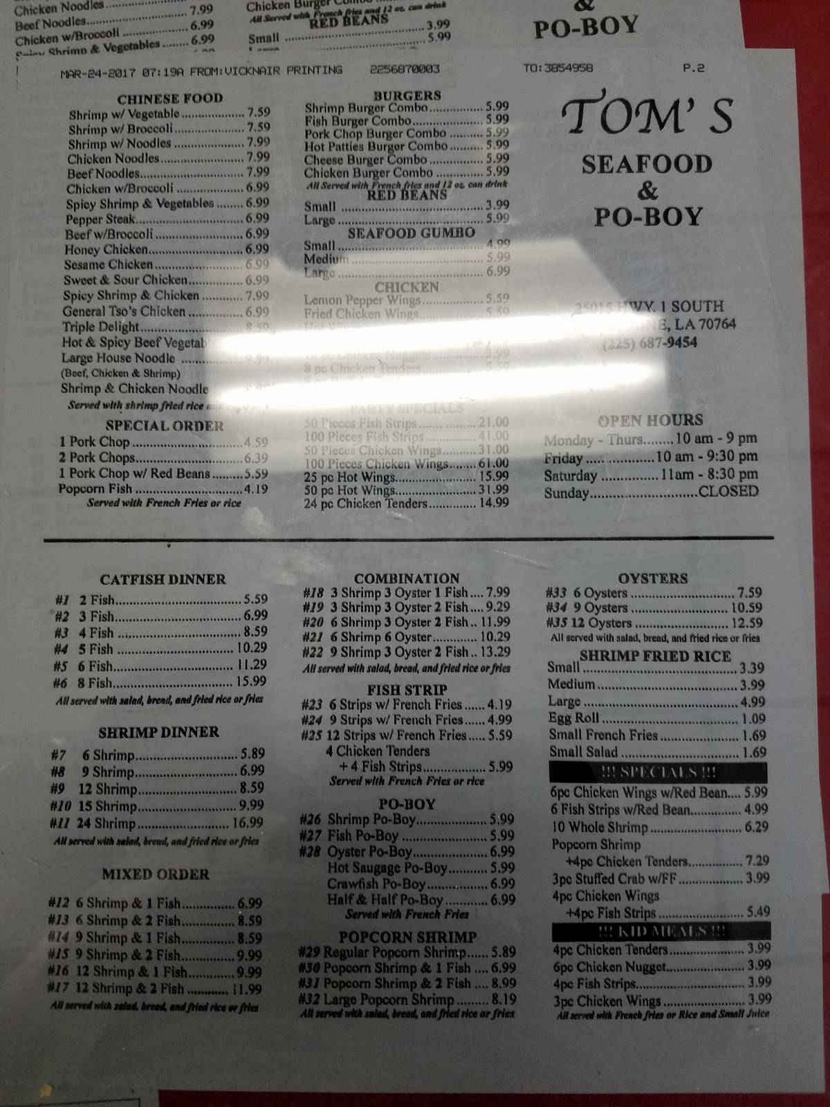 Menu at Tom's Seafood & Restaurant, Plaquemine, LA-1
