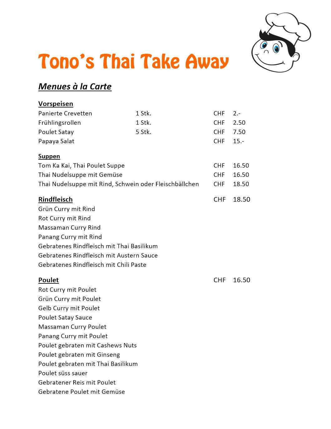 Speisekarte von Tono's Thai Take Away und Bistro, Niederlenz