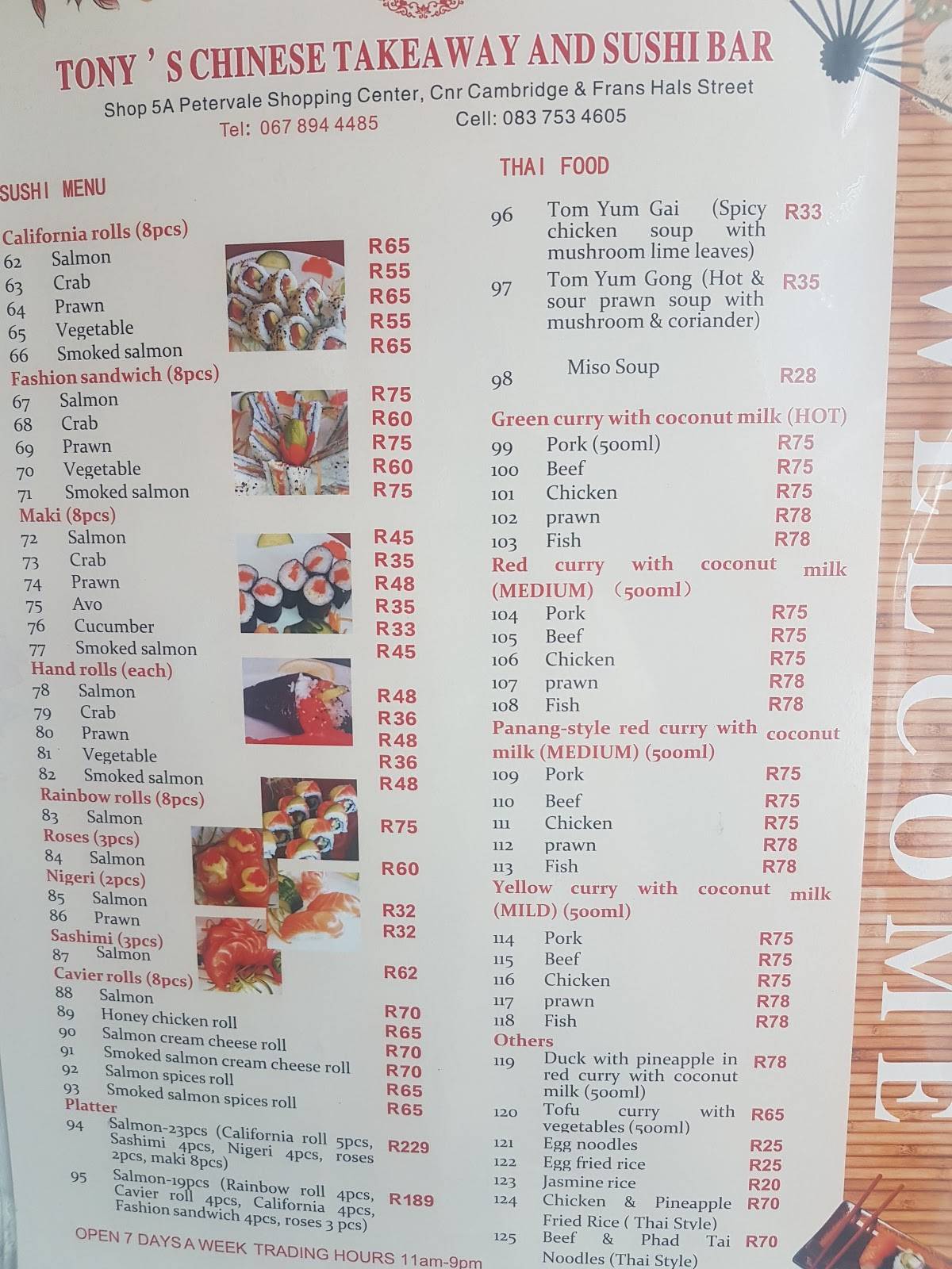 Menu at Tony's Chinese And Takeaway And Sushi Bar, Sandton
