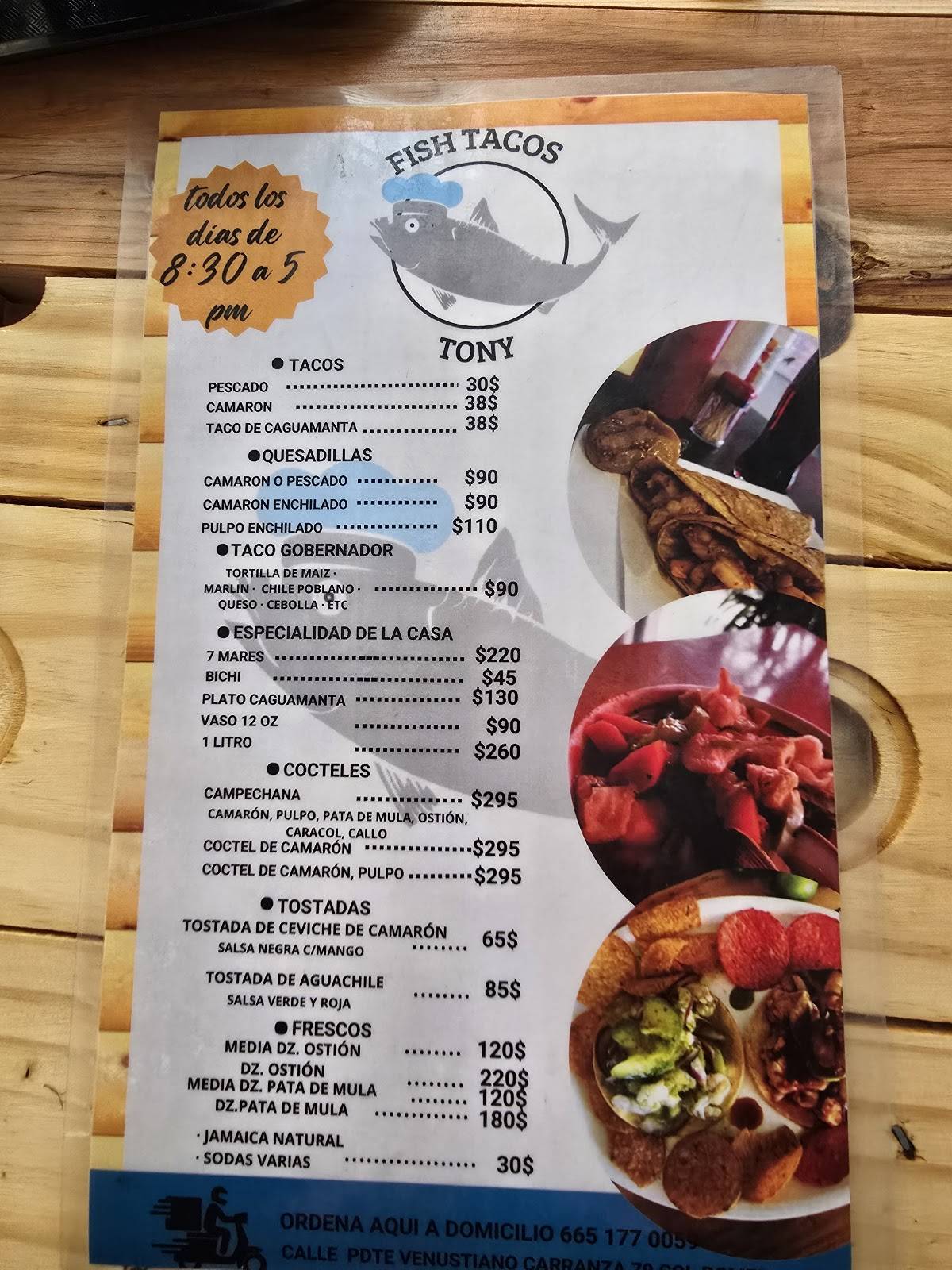Menu at Tony's Fish Taco restaurant, Tecate