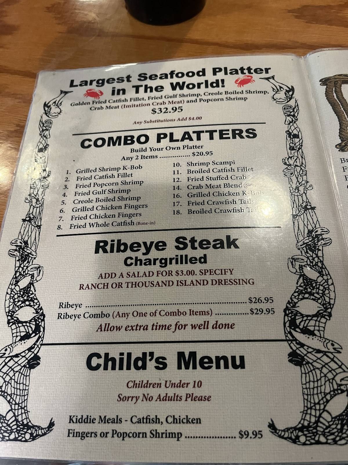 Menu at Top O' the River restaurant, Gadsden