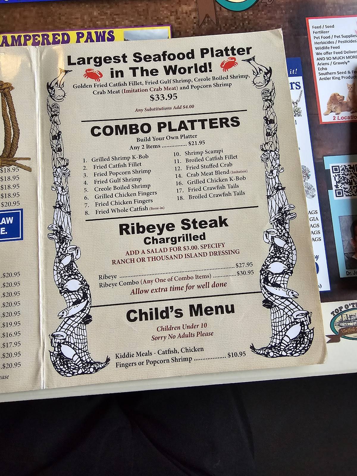 Menu at Top O' the River restaurant, Gadsden
