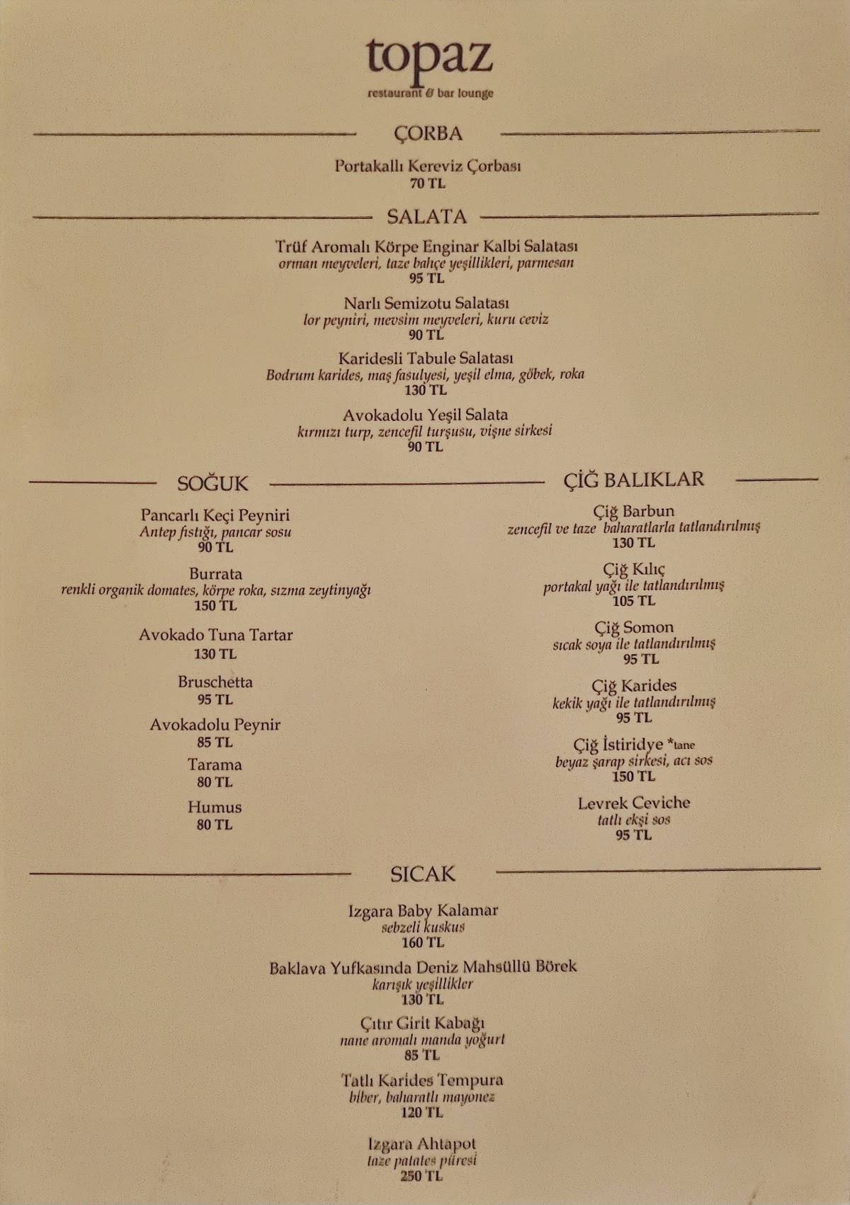 Menu at Topaz İstanbul, Istanbul, İnönü Cd. No:50