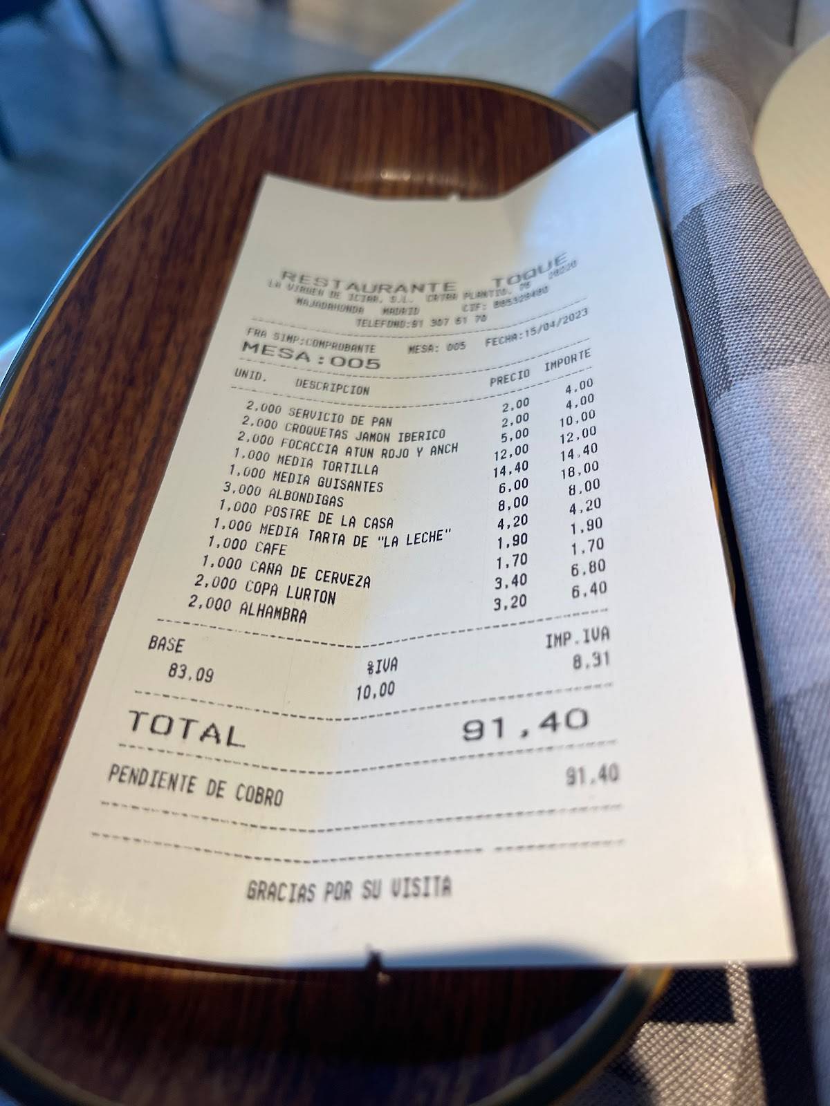 Carta de Toque Restaurante, Majadahonda