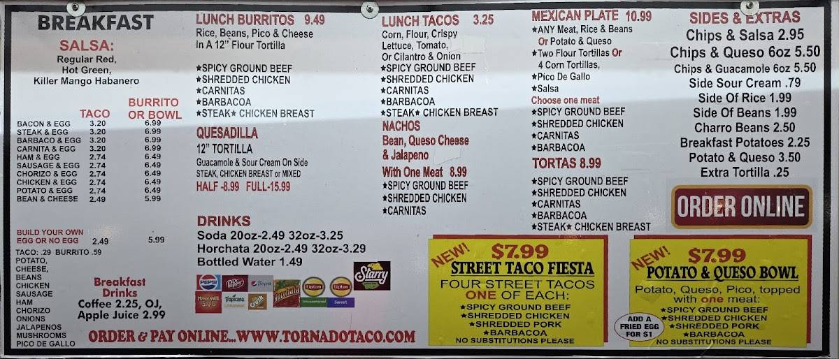 Menu at Tornado Taco restaurant, Missouri City, FM 1092 Rd