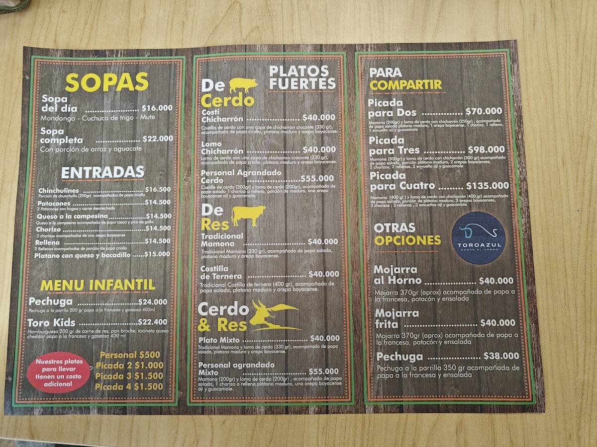 Carta del restaurante Toro Azul, Bogotá, Cl. 150 #19b16