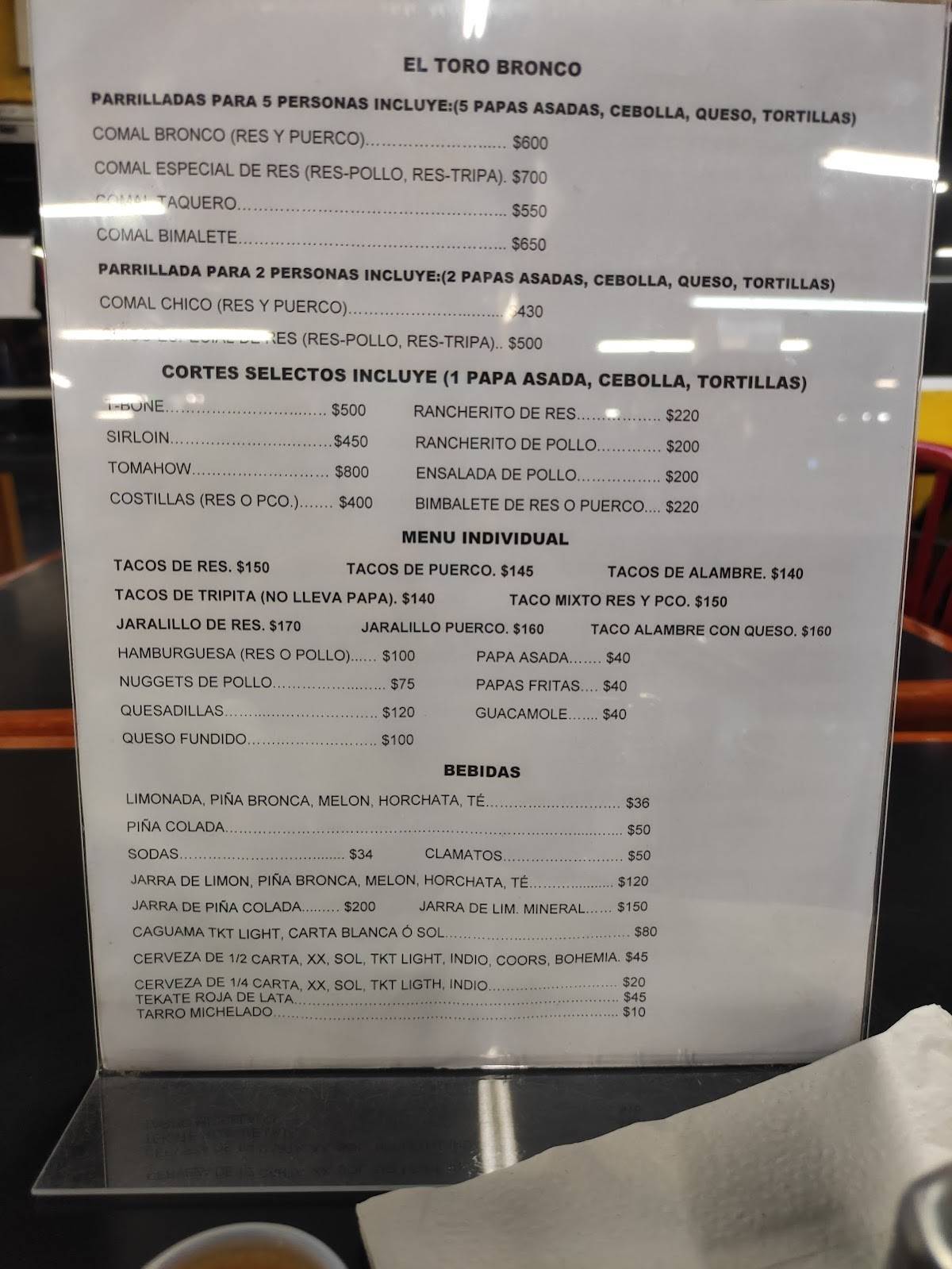 Carta del restaurante Toro Bronco, Ciudad Juarez, Blvd. Óscar Flores 5105