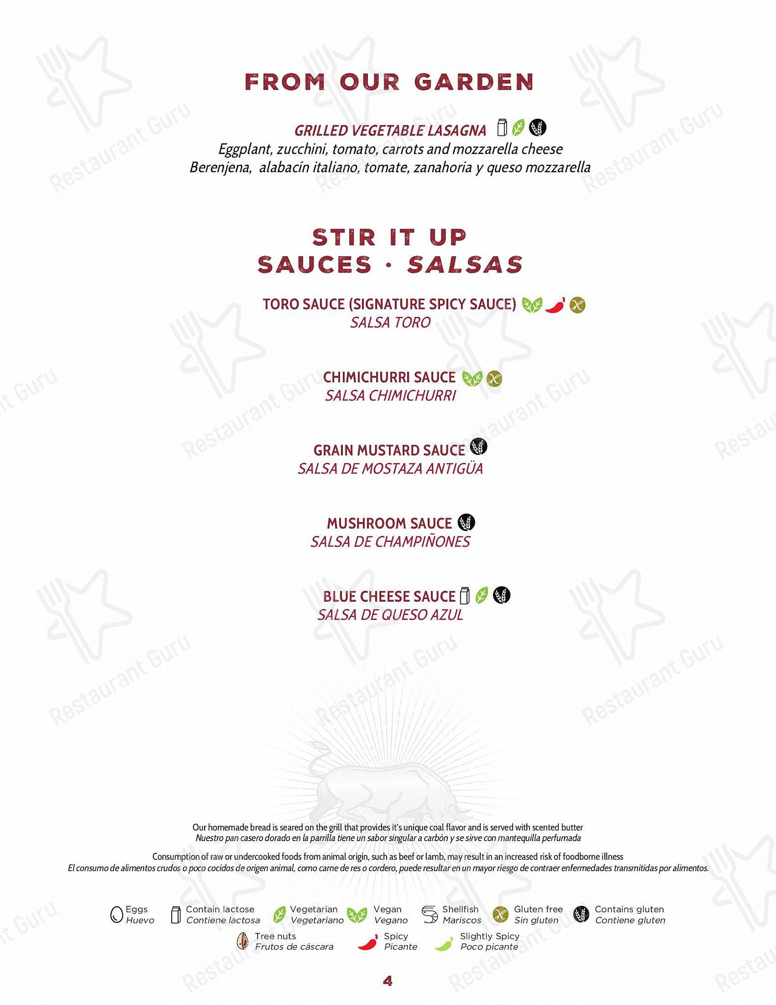 Menu at Toro restaurant, Punta Cana