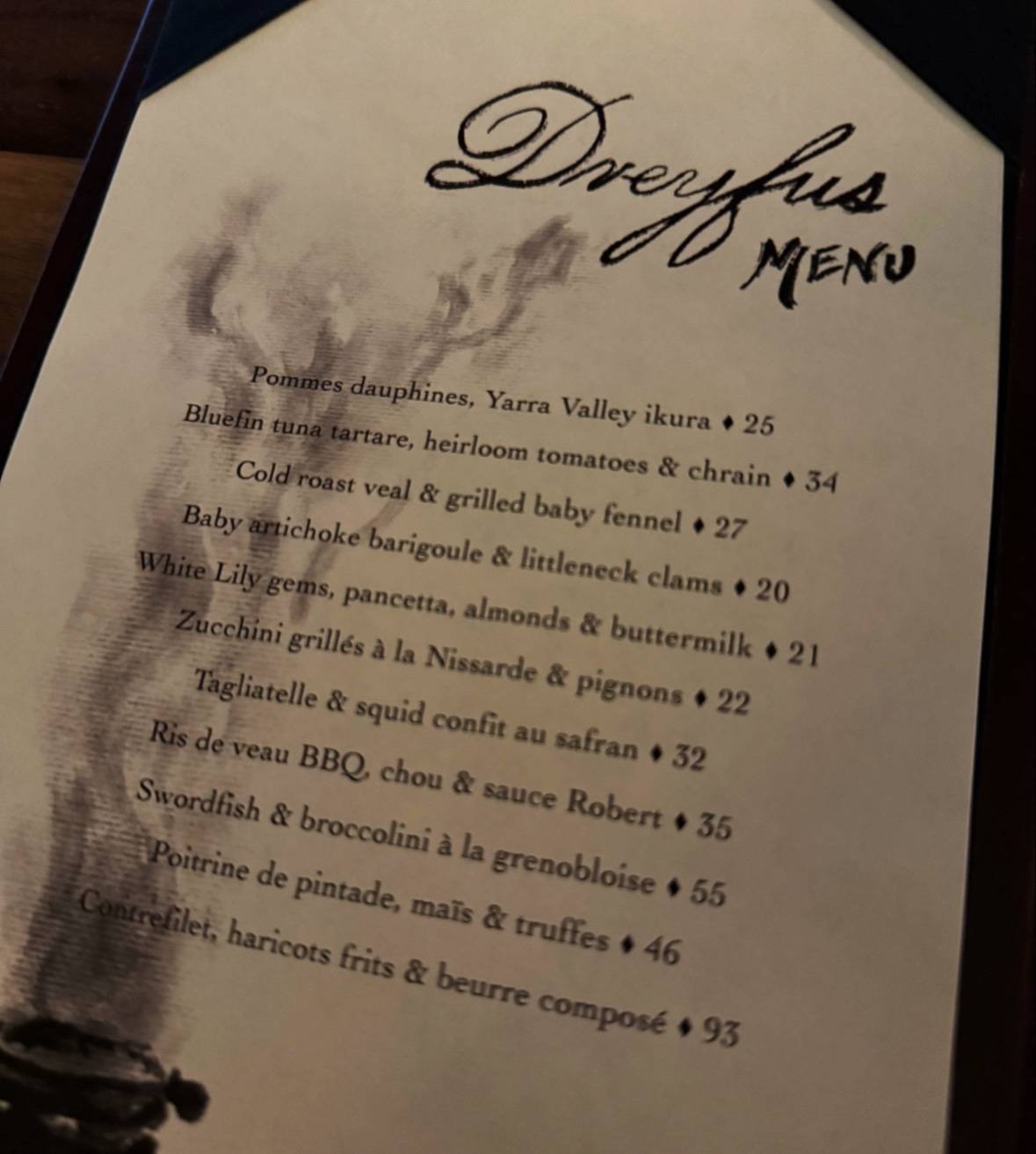 Menu at Dreyfus restaurant, Toronto, 96 Harbord St