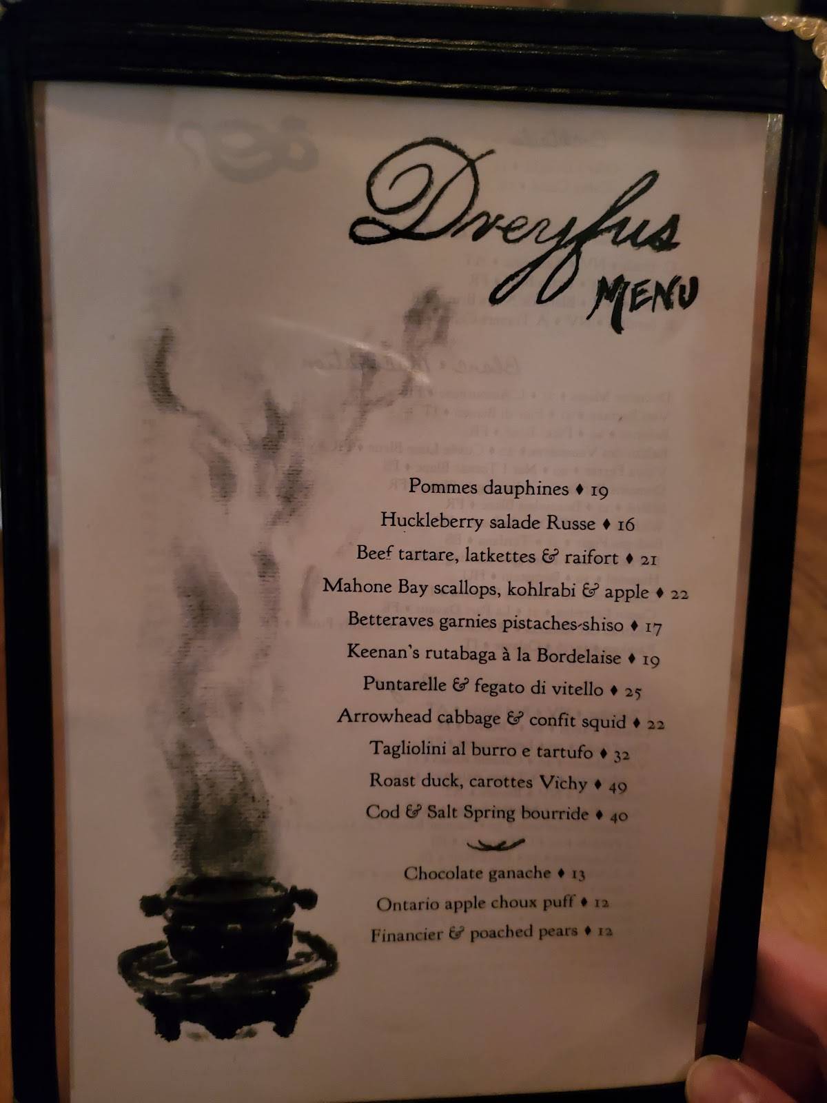 Menu at Dreyfus restaurant, Toronto, 96 Harbord St