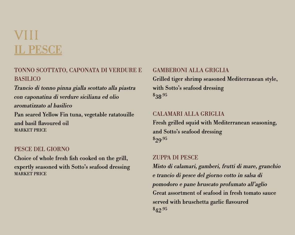 Menu at Ristorante Sotto Sotto restaurant, Toronto