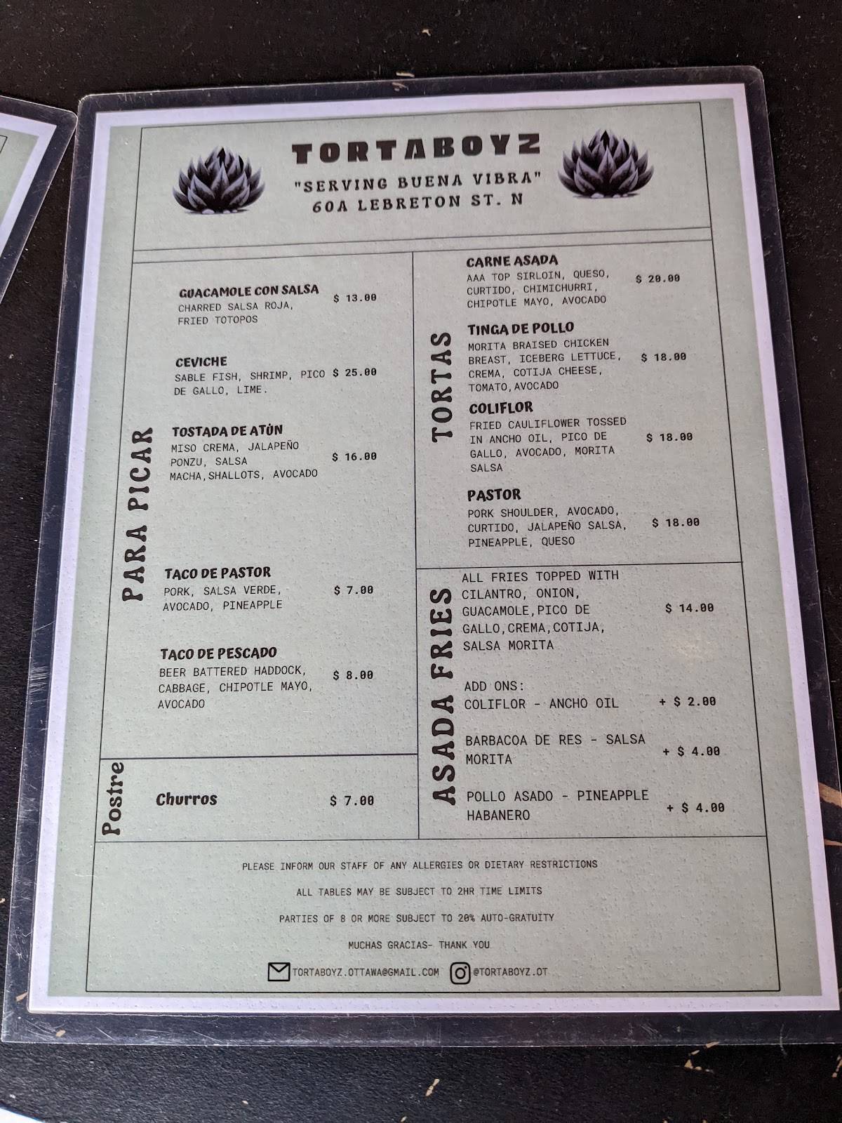 Menu at Torta Boyz restaurant, Ottawa