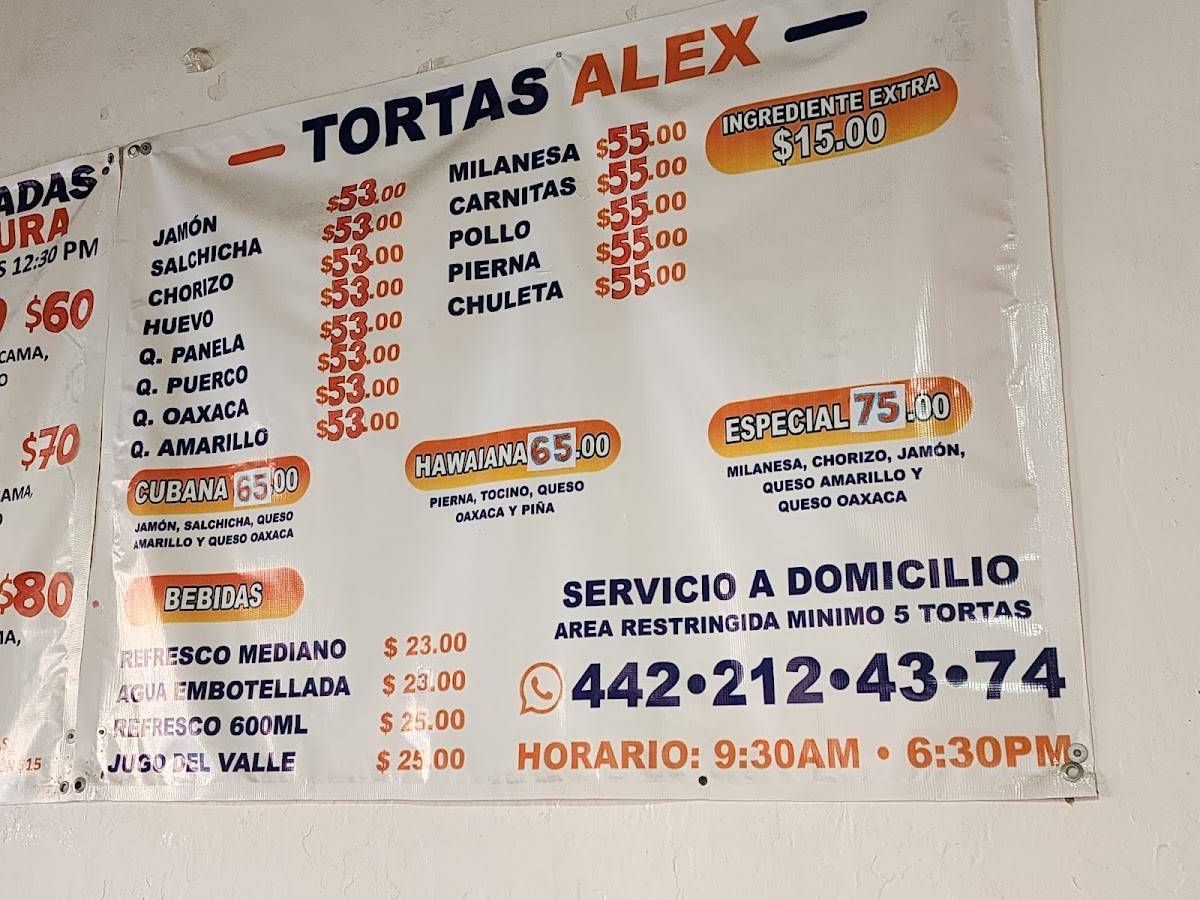 Carta del restaurante Tortas Alex, Santiago del Querétaro