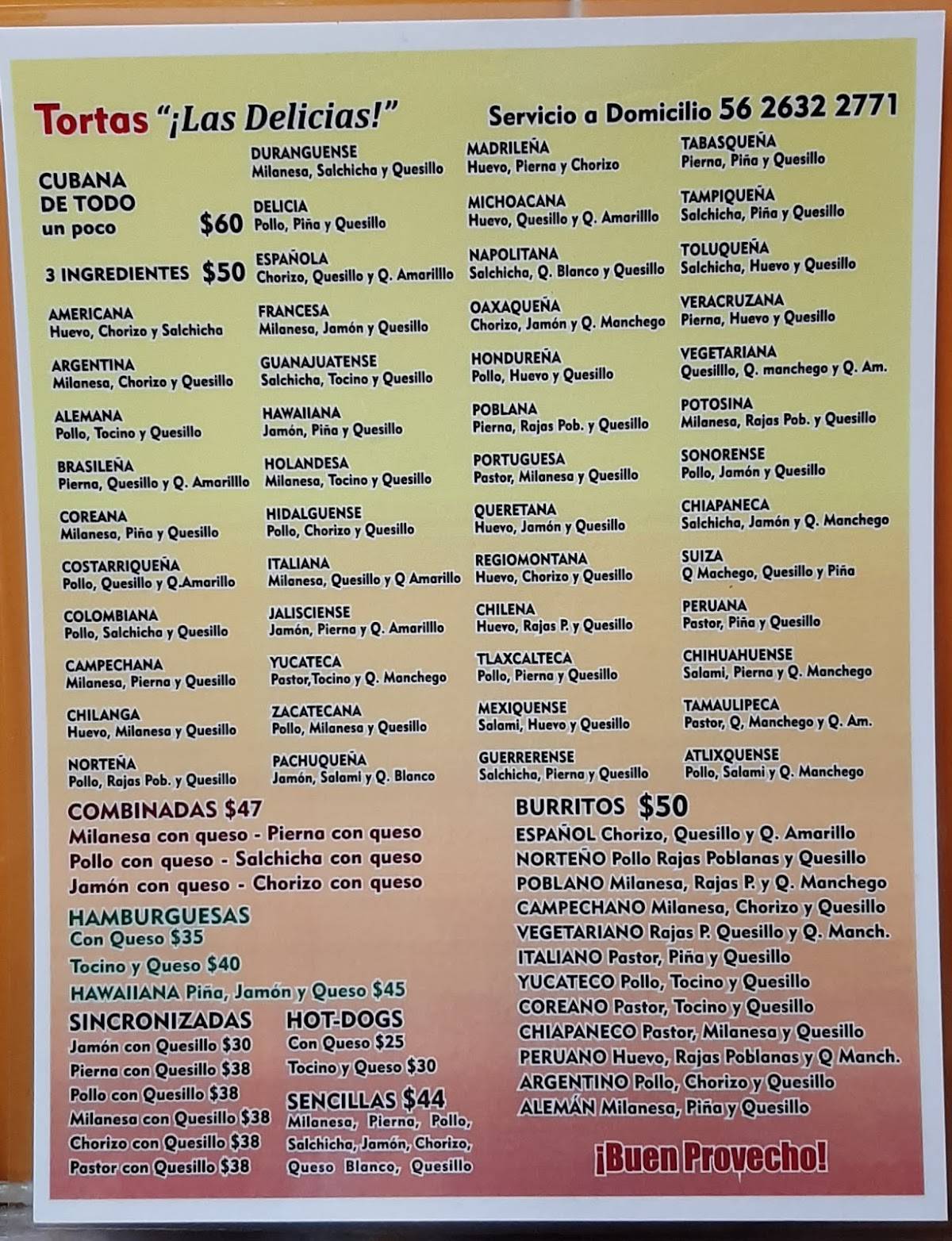 Carta del restaurante Tortas "las Delicias", Ciudad del México