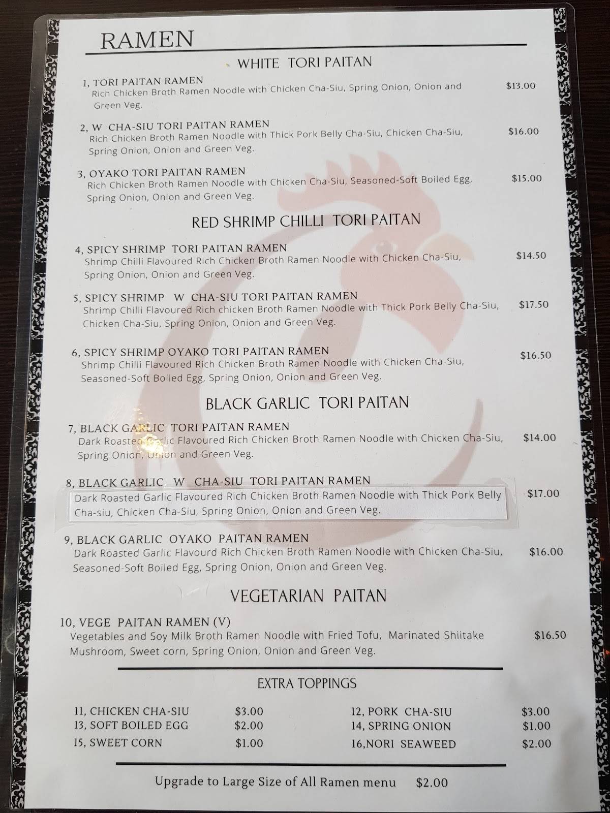 Carta de Tosaka Ramen Bar, Northbridge