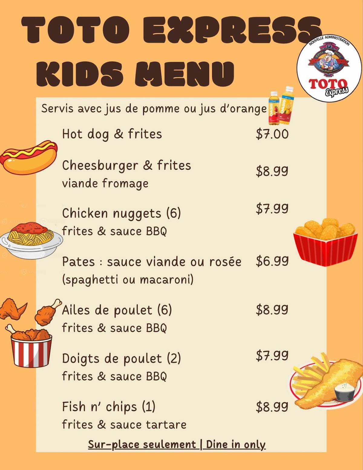 Menu at Toto Express pizzeria, Montréal, Rue Notre Dame