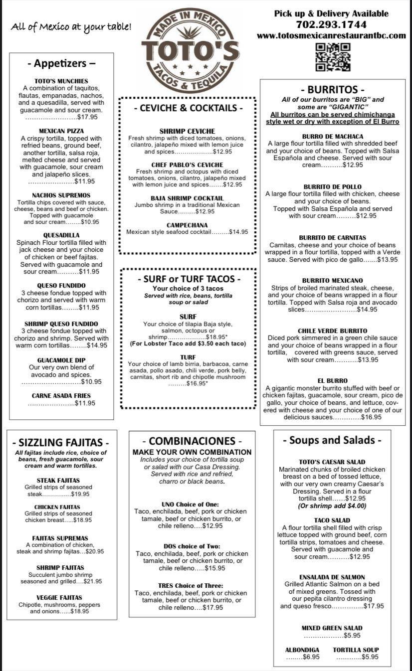 Menu at Toto's Mexican Restaurant, Boulder City