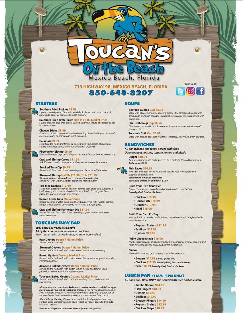 Menu at Toucan's restaurant, Mexico Beach