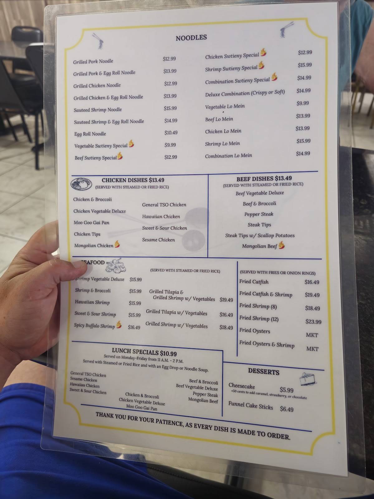 Menu at Tran's Restaurant, Palacios