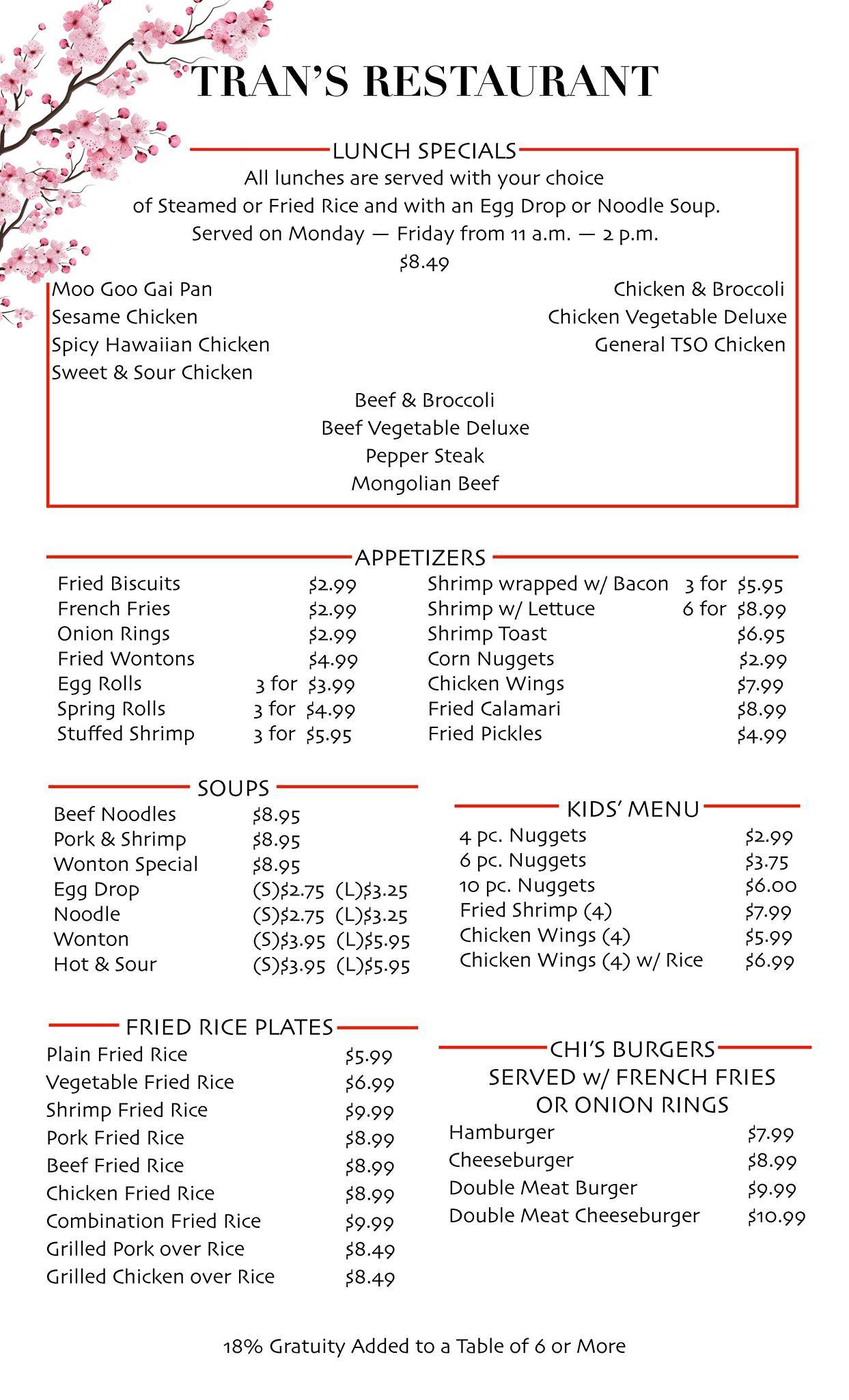 Menu at Tran's Restaurant, Palacios