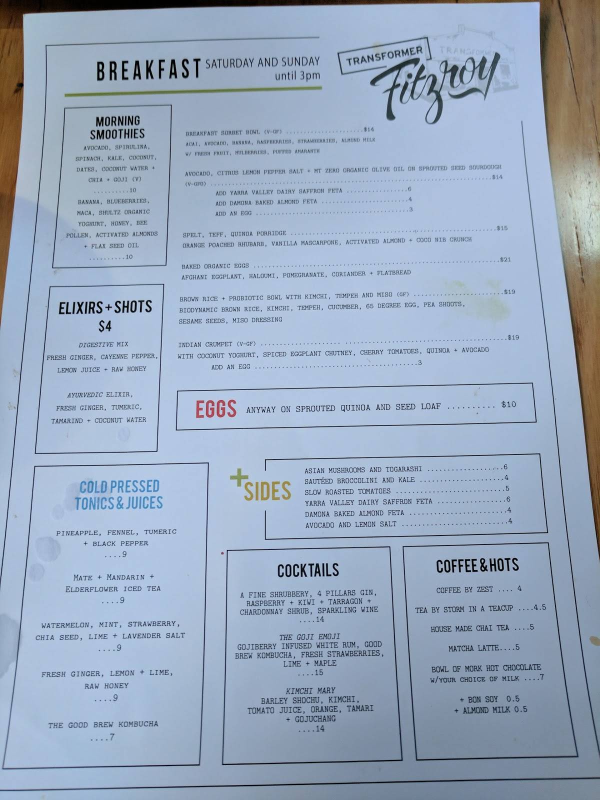 Menu at Transformer Next Door restaurant, Fitzroy