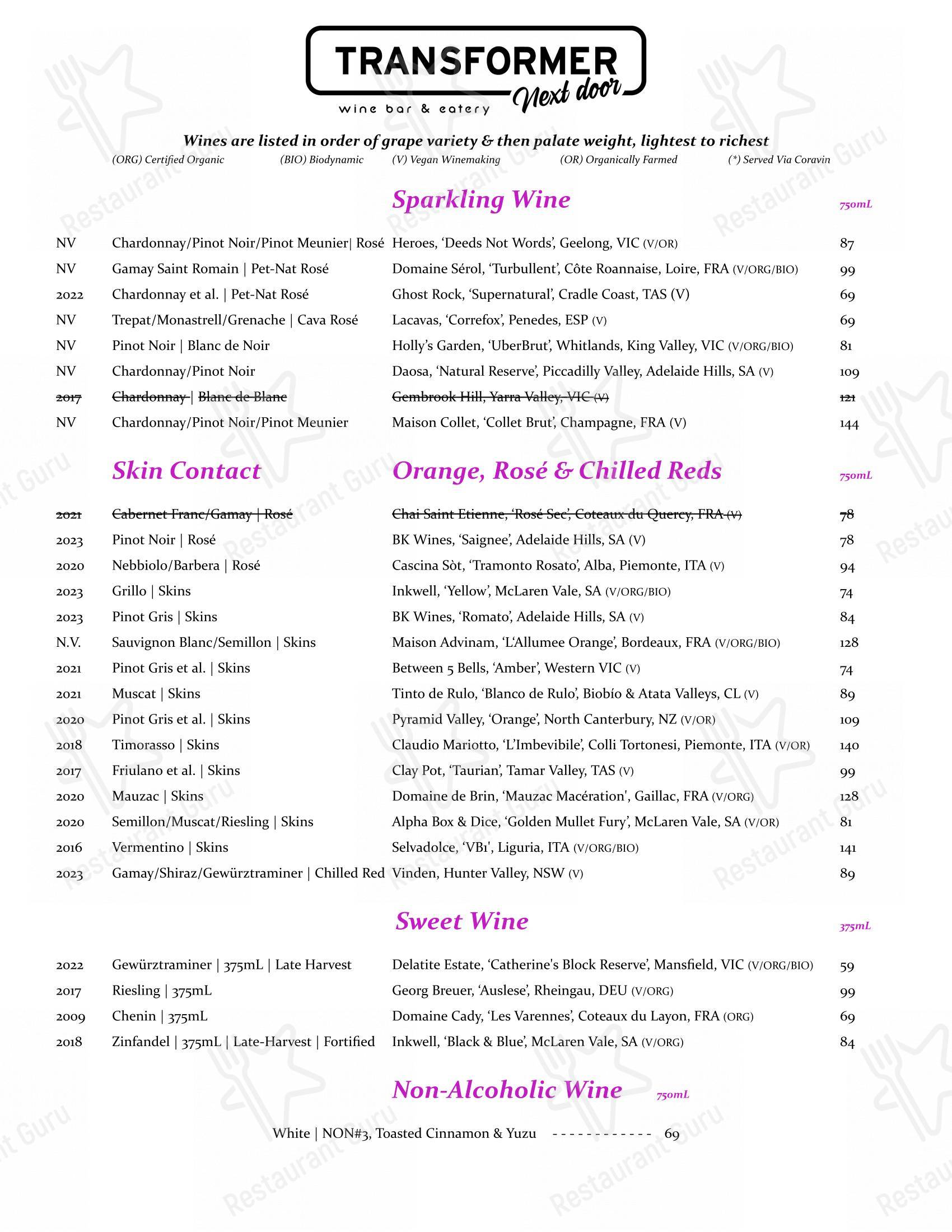 Menu at Transformer Next Door restaurant, Fitzroy