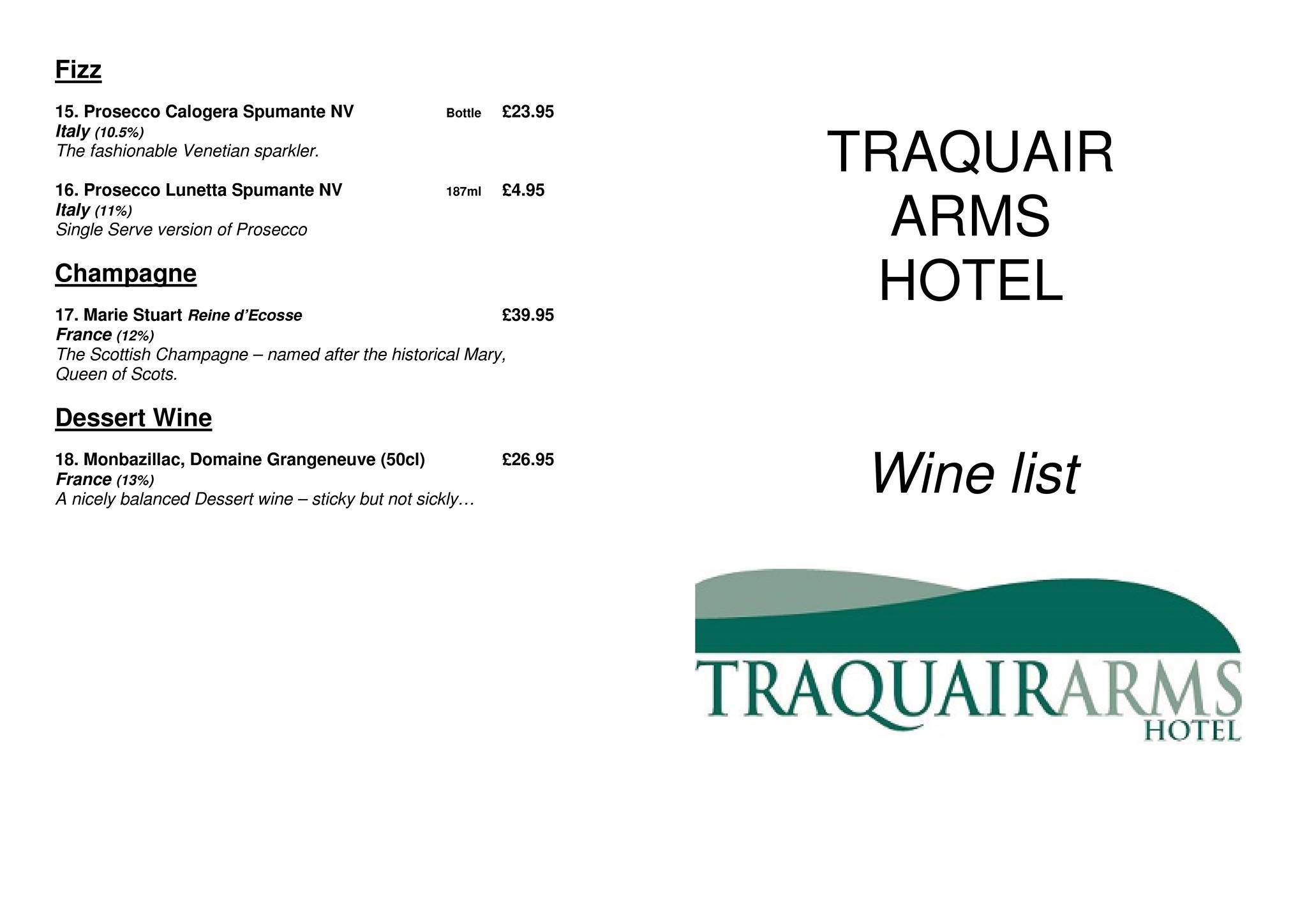 Menu at Traquair Arms Hotel pub & bar, Innerleithen