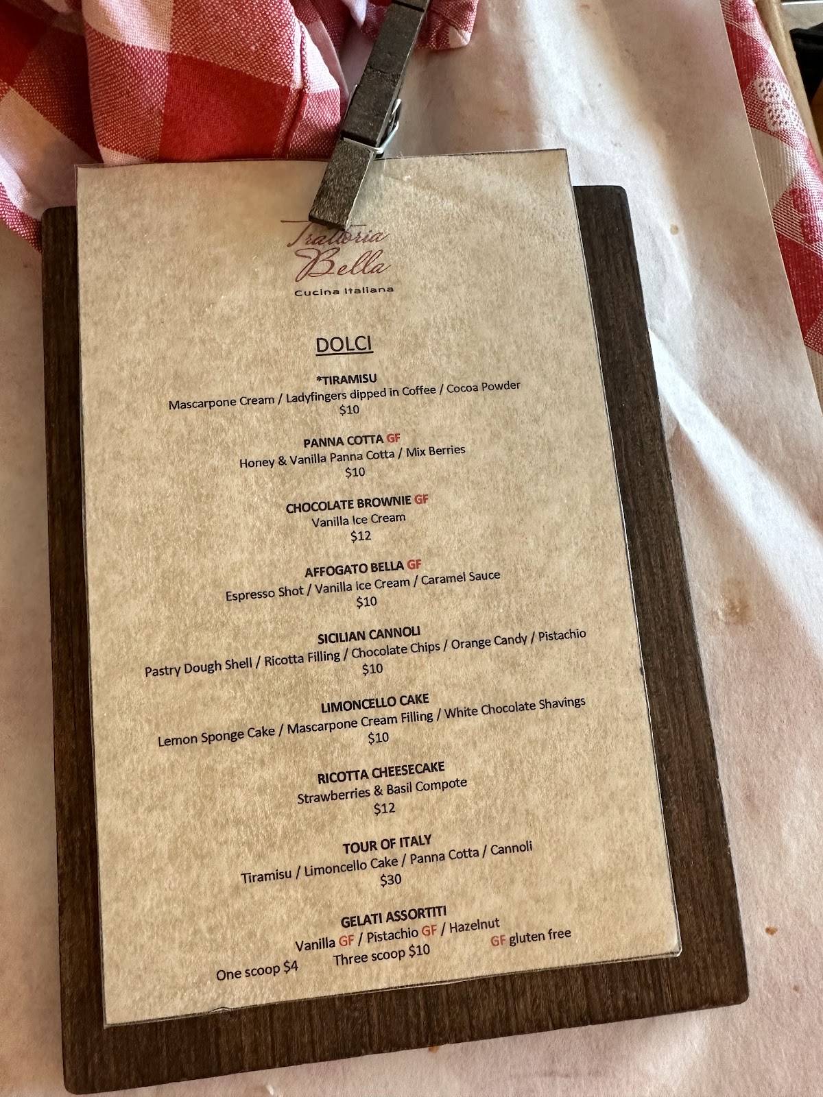 Menu at Trattoria Bella pub & bar, Palm Bay