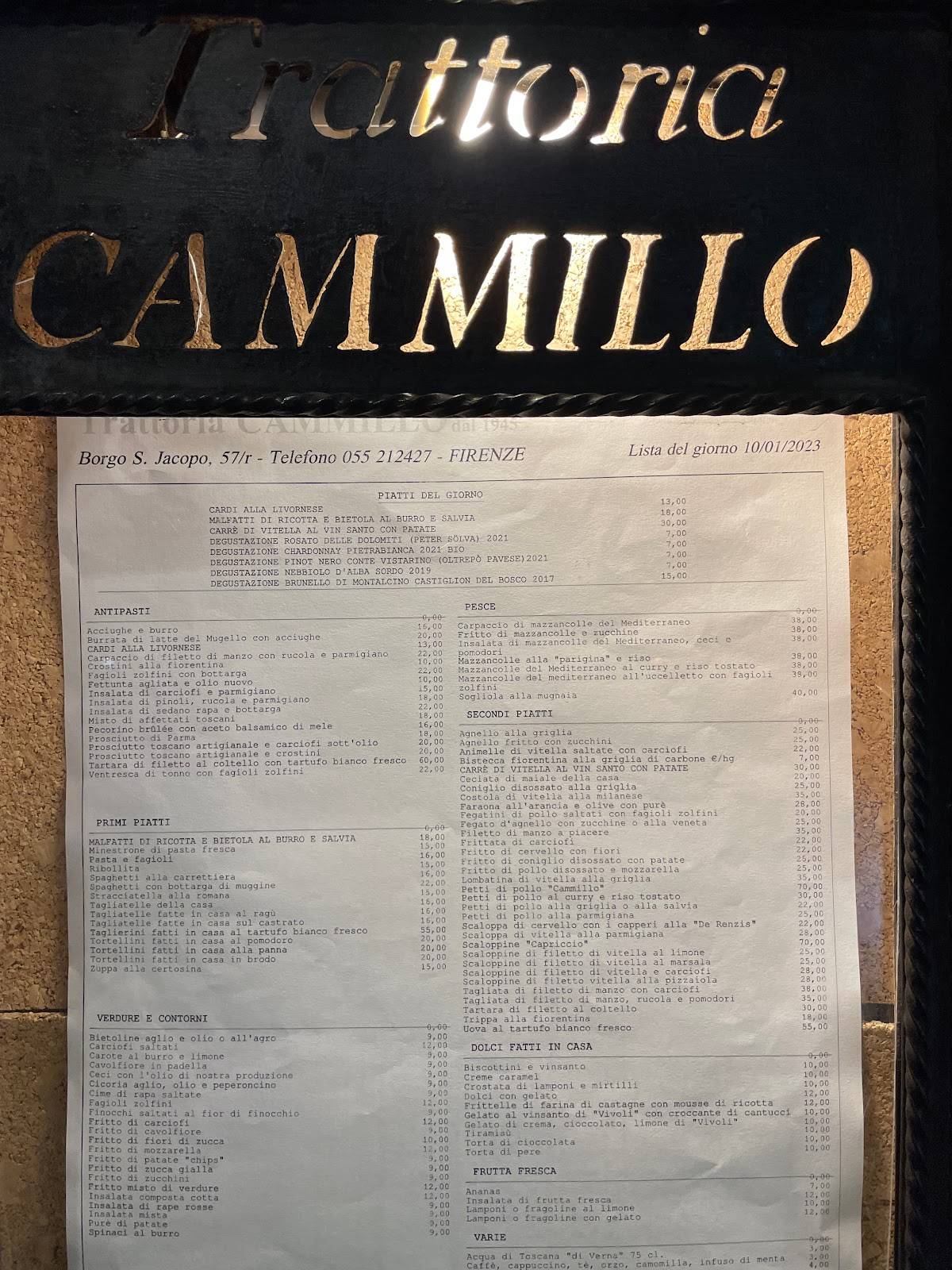 Menu at Trattoria Cammillo restaurant, Florence