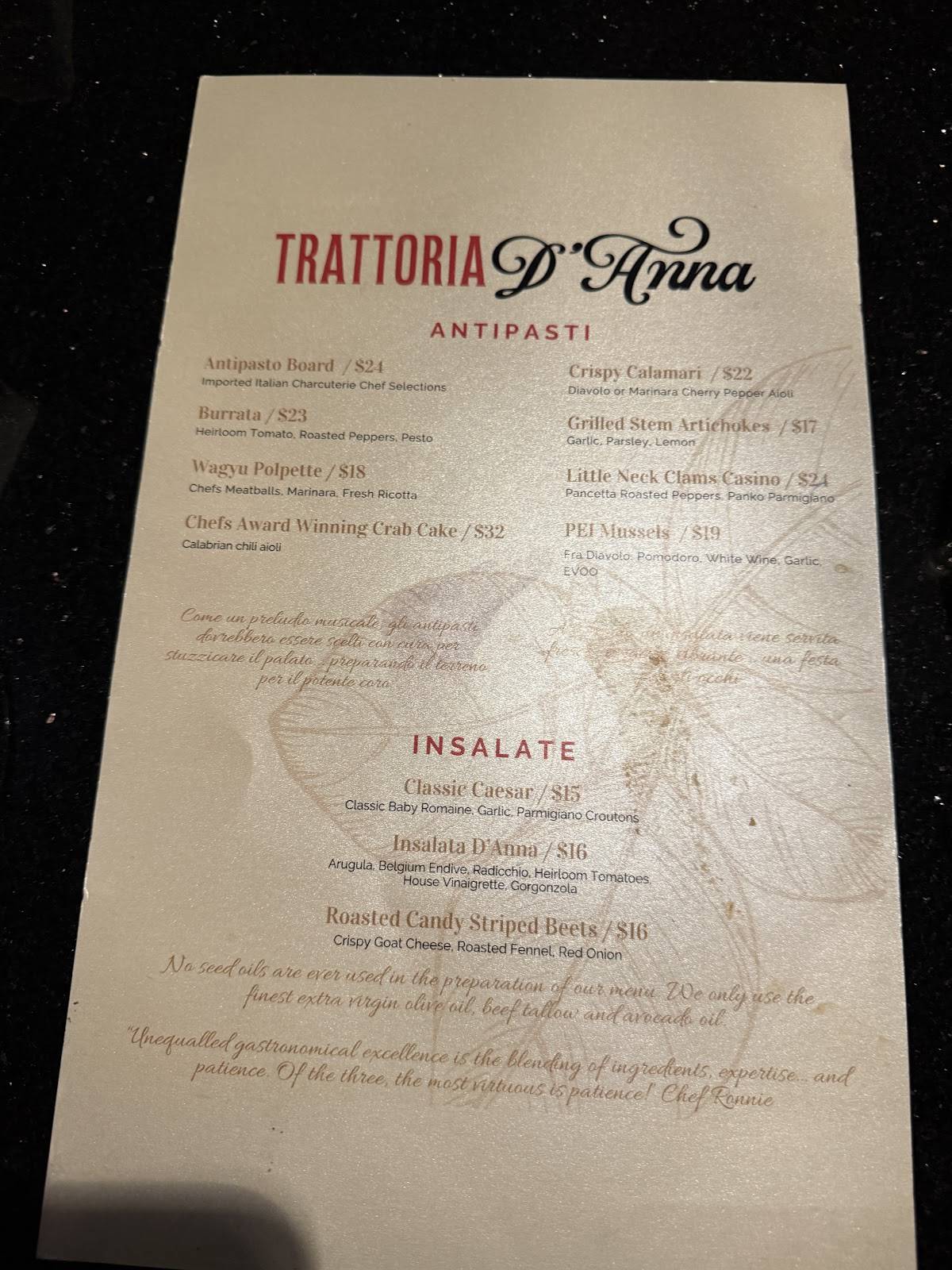 Menu at Trattoria D'Anna restaurant, Dunedin