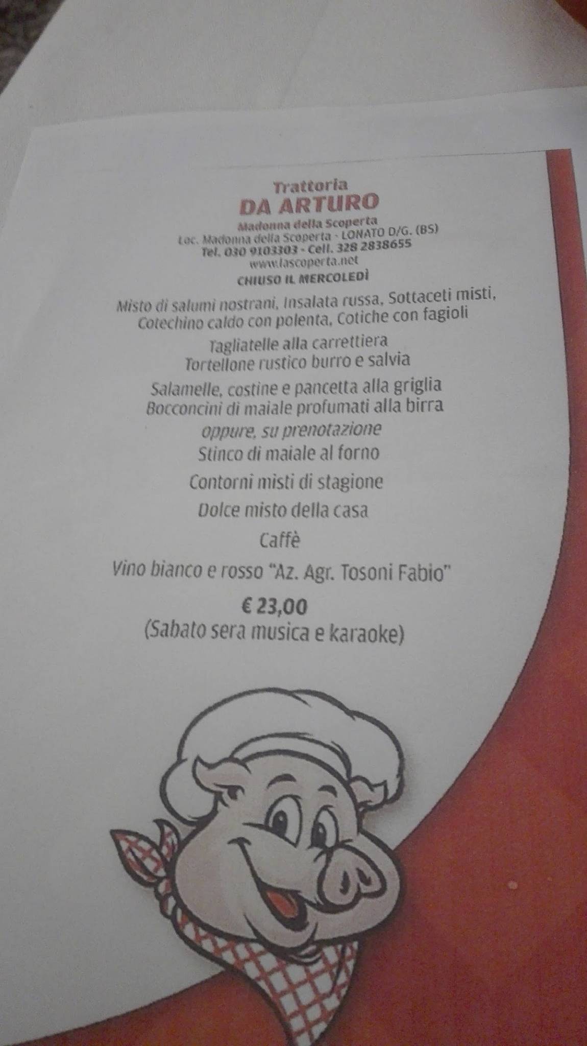 Menu da Trattoria Da Arturo ristorante, Madonna della Scoperta