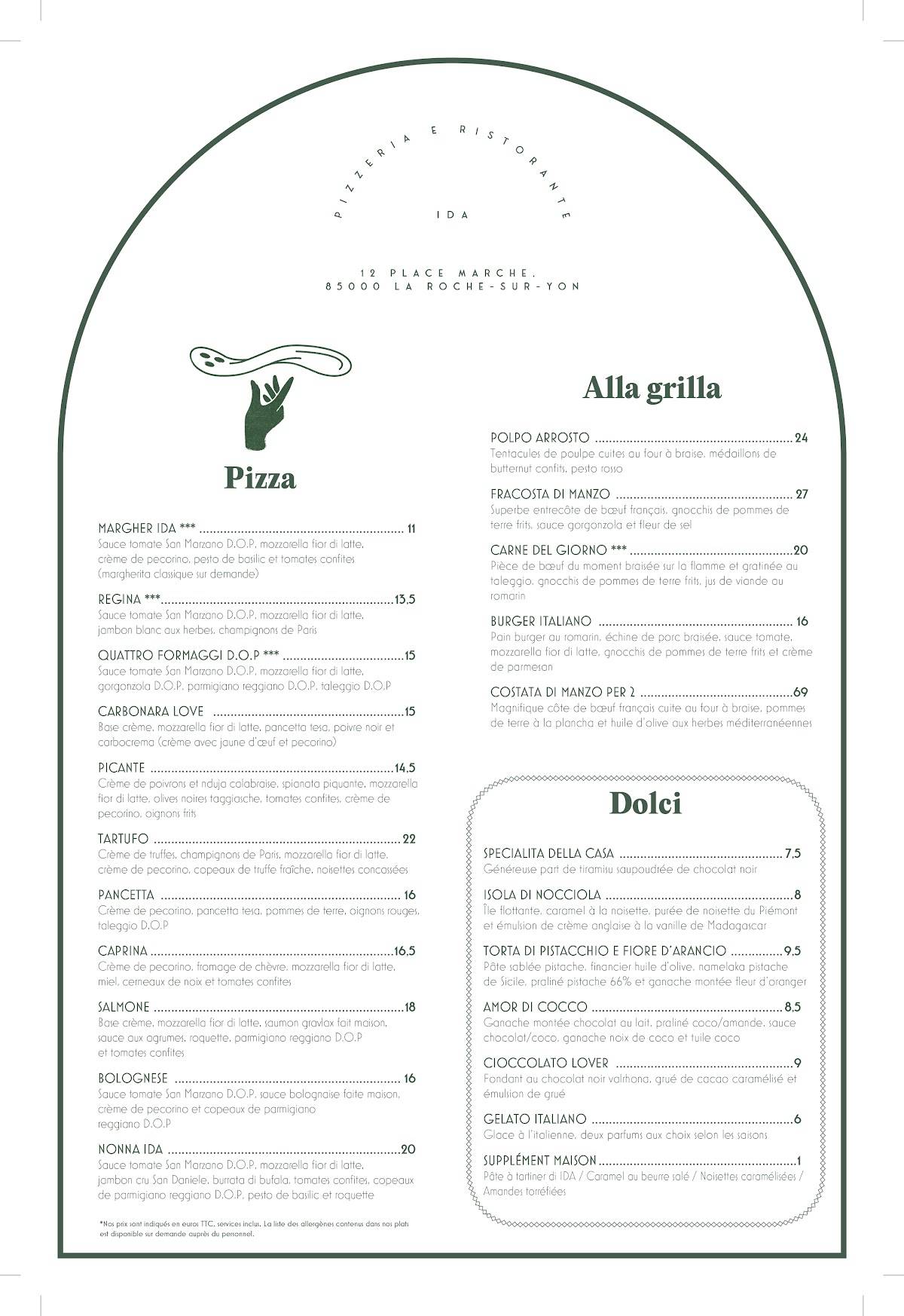 Menu au Trattoria Ida La Roche Sur Yon restaurant, La Roche-sur-Yon