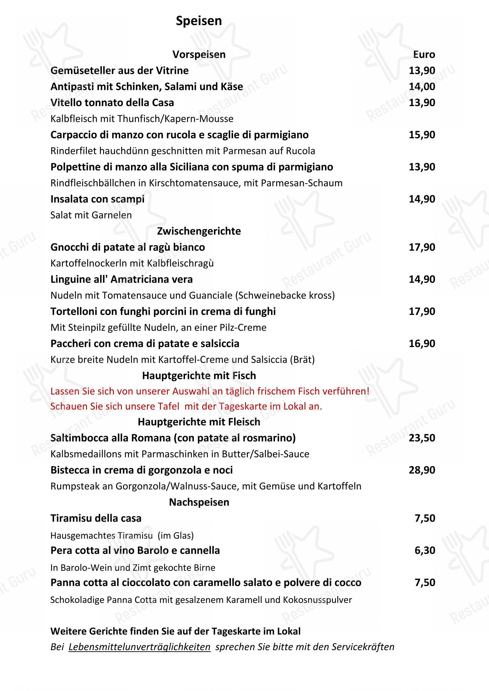 Menu at Trattoria La Vera restaurant, Nuremberg