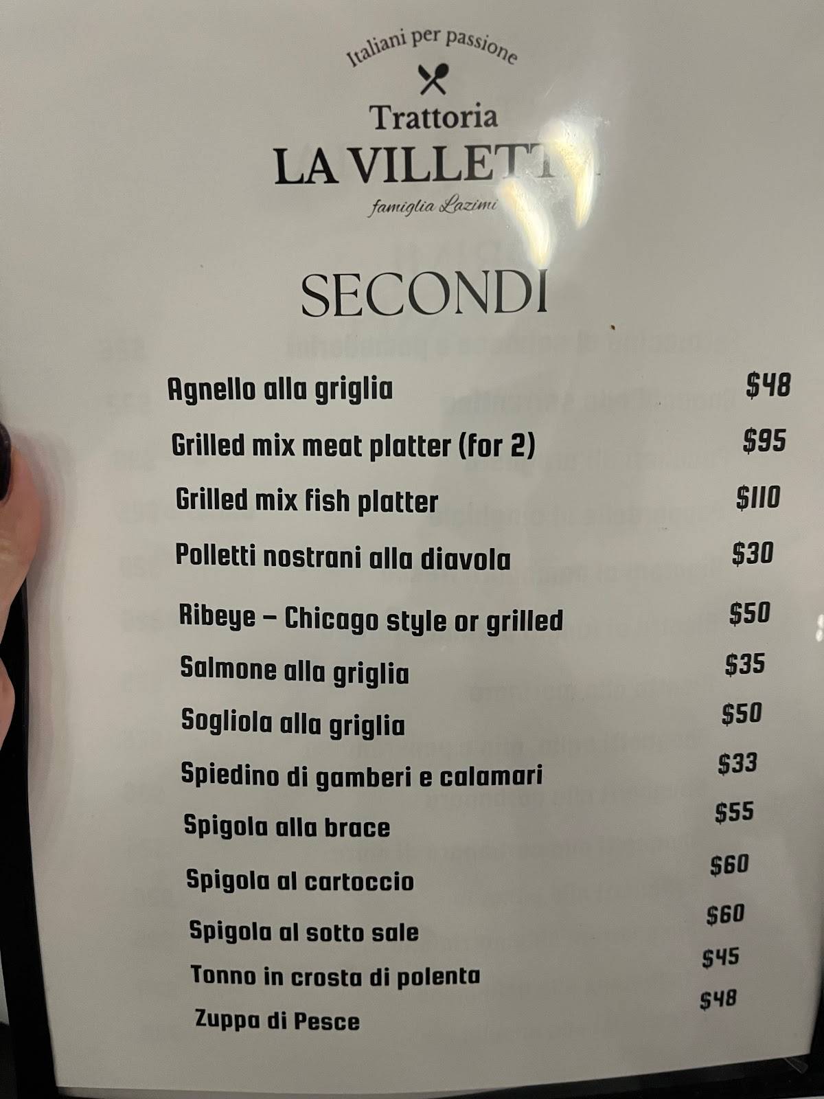 Menu at Trattoria La Villetta restaurant, Vaughan