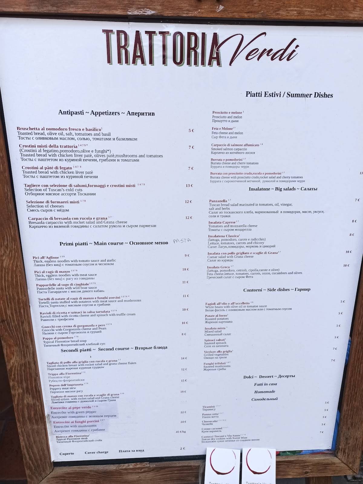 Menu at Trattoria Verdi Firenze pub & bar, Florence