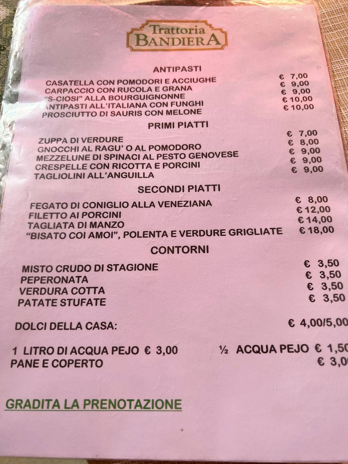 Menu da Trattoria da Bandiera ristorante, Nervesa della Battaglia