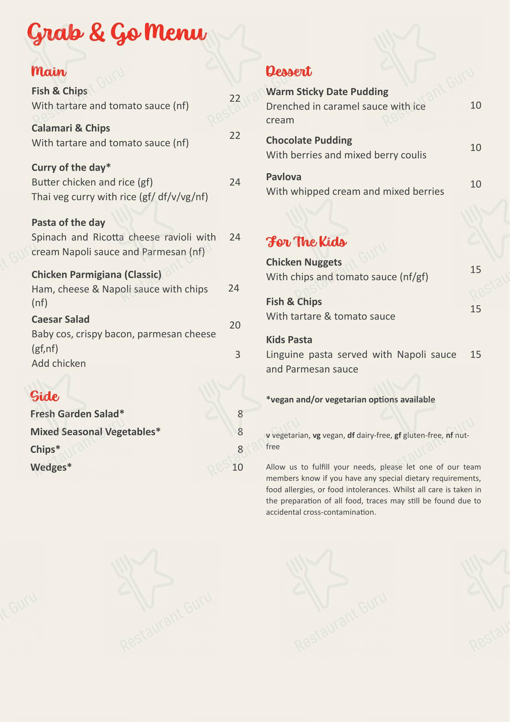 Menu at Travelodge Hotel Hobart Airport, Cambridge