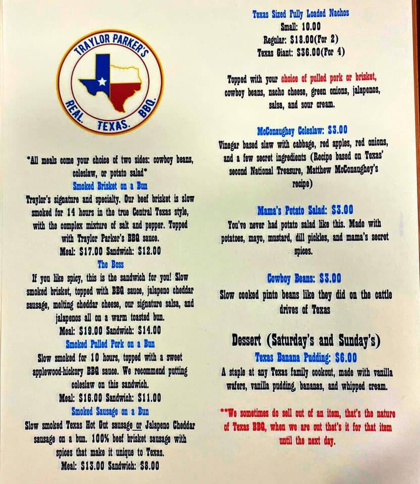 Menu at Traylor Parker's Real Texas BBQ, Chatham-Kent
