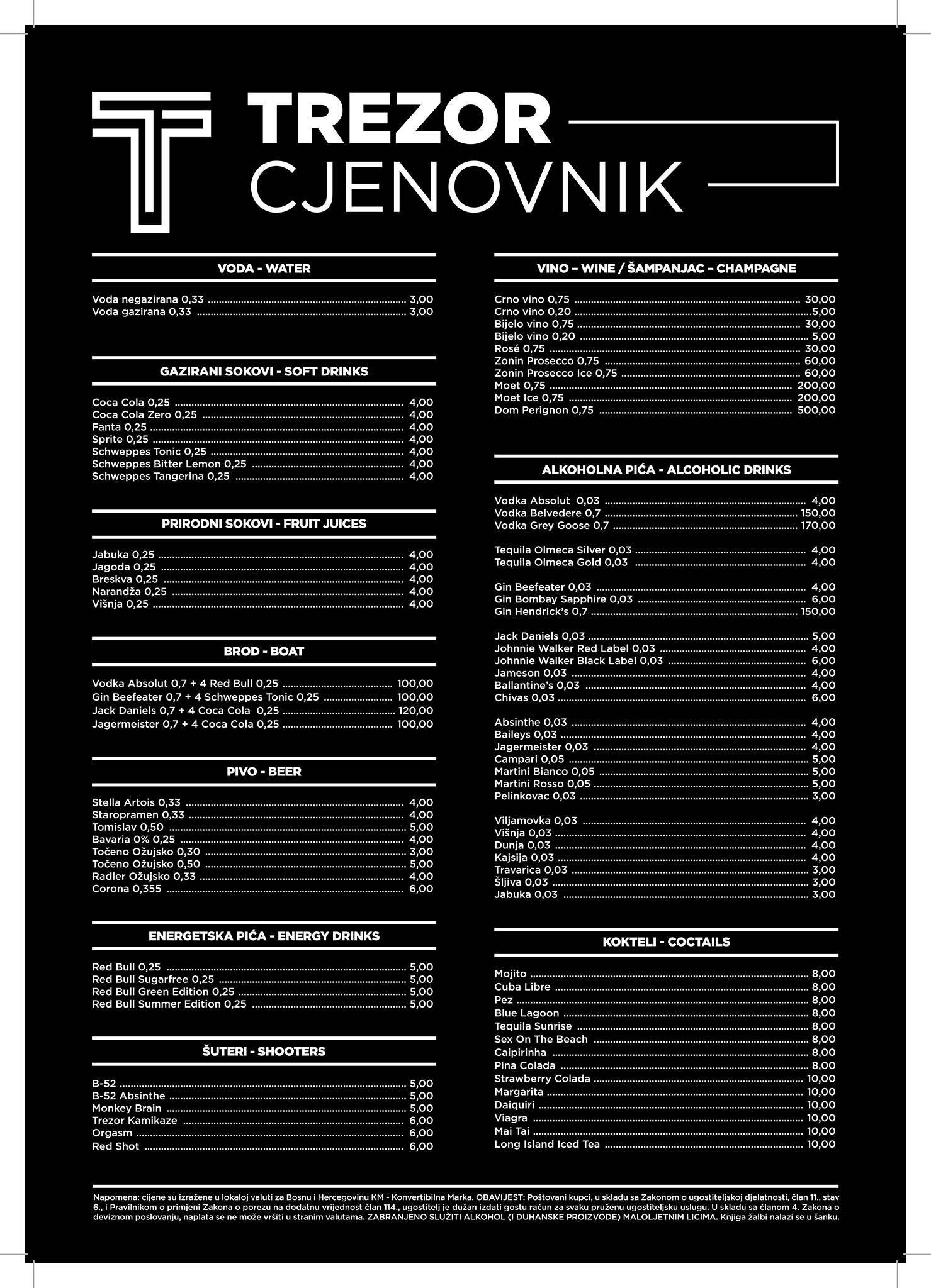 Menu at Trezor club, Sarajevo