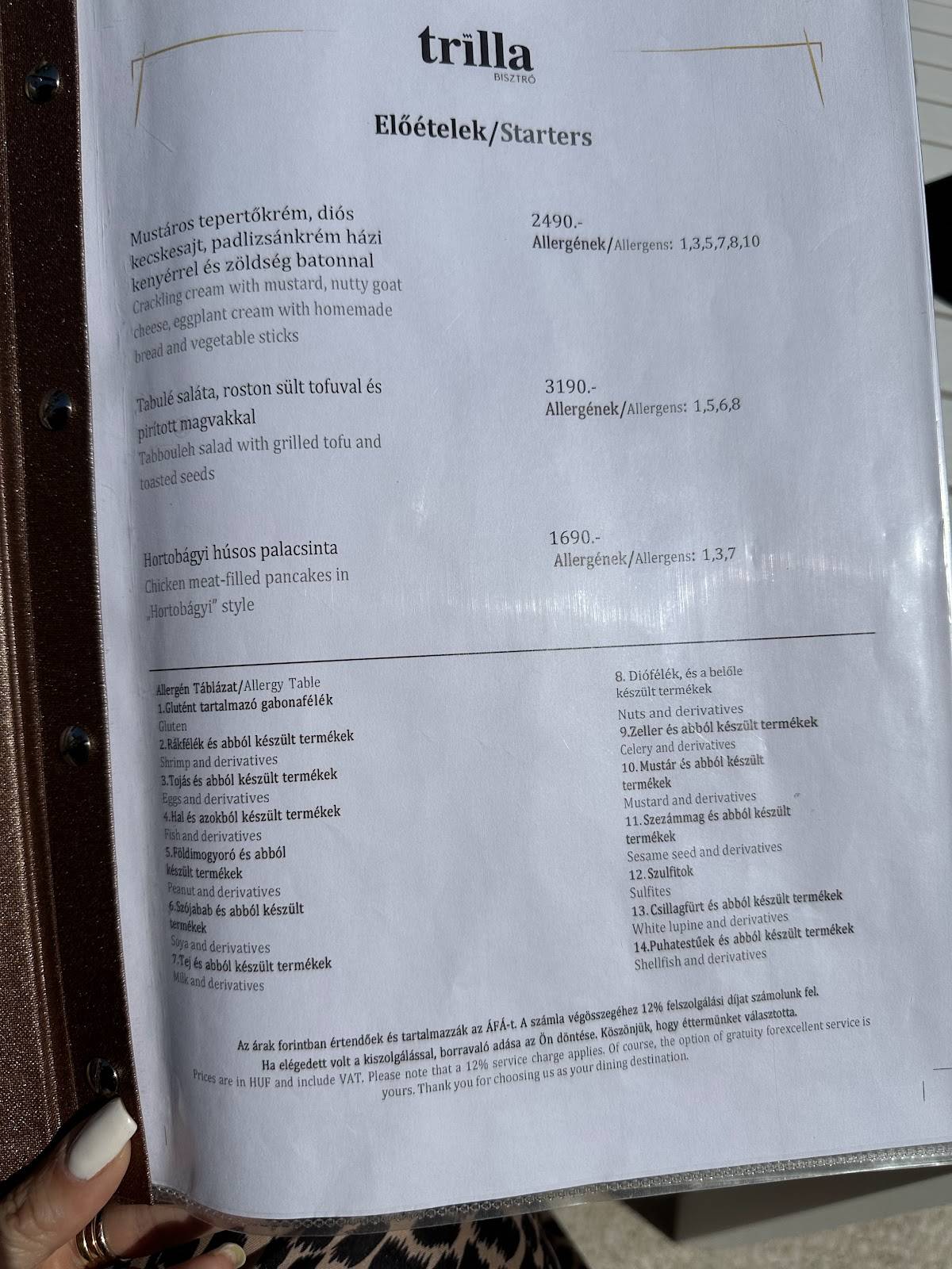Menu at Trilla Bisztro restaurant, Budapest