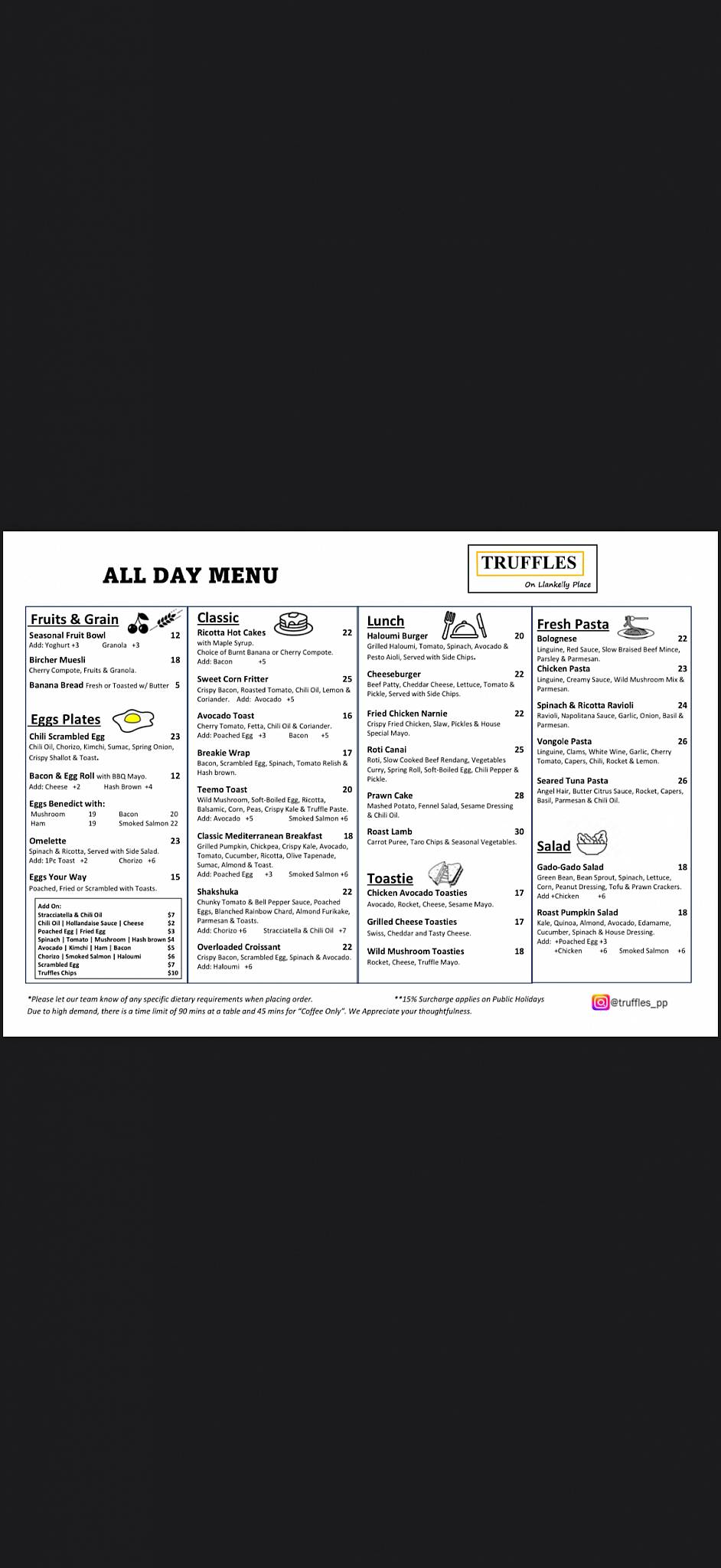 Menu at Truffles cafe, Potts Point