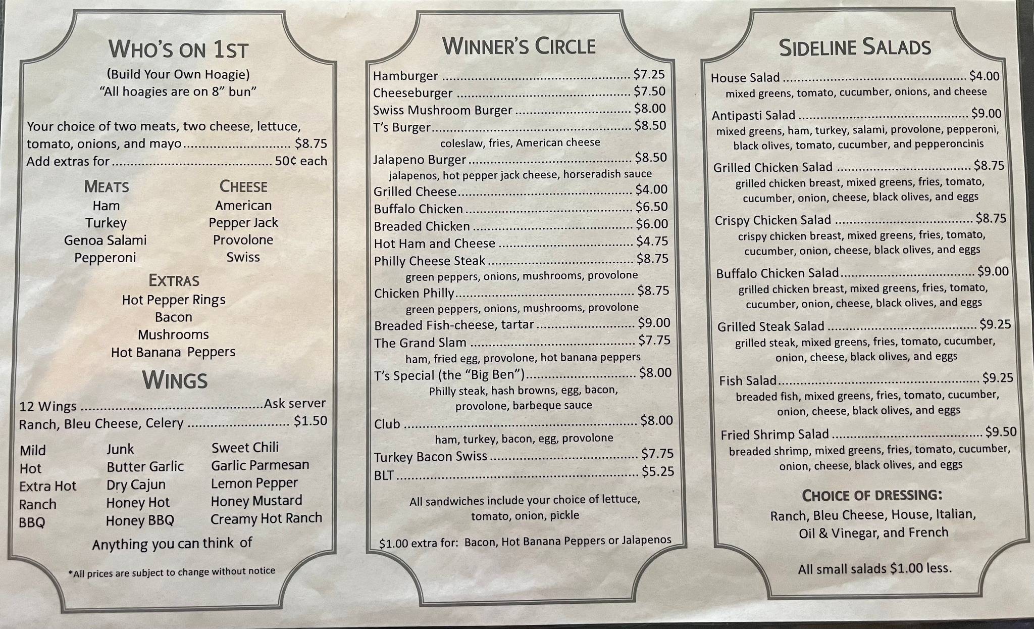 Menu at T's Locker Room pub & bar, Burgettstown