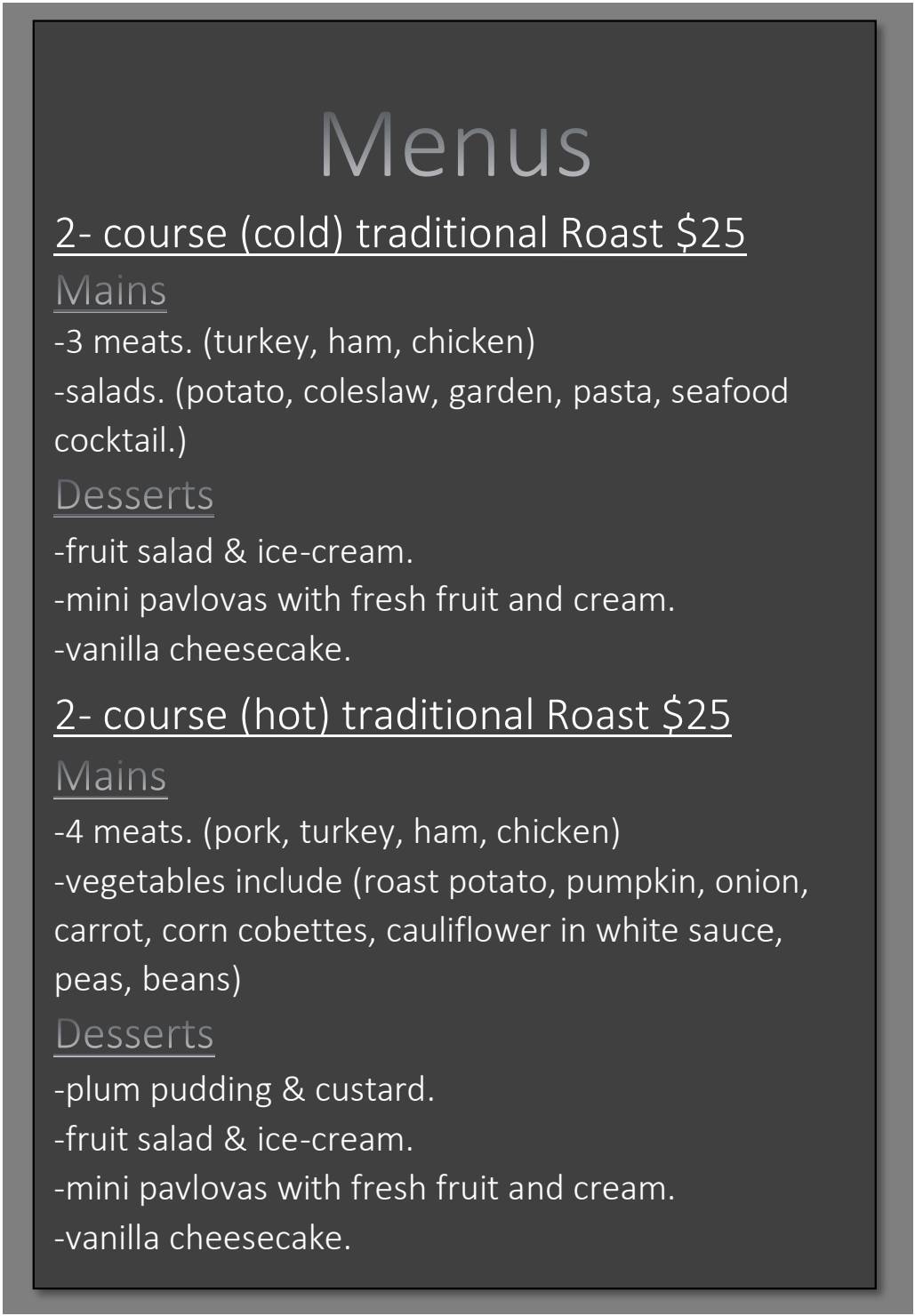 Menu at Tudor Tavern restaurant, Barham