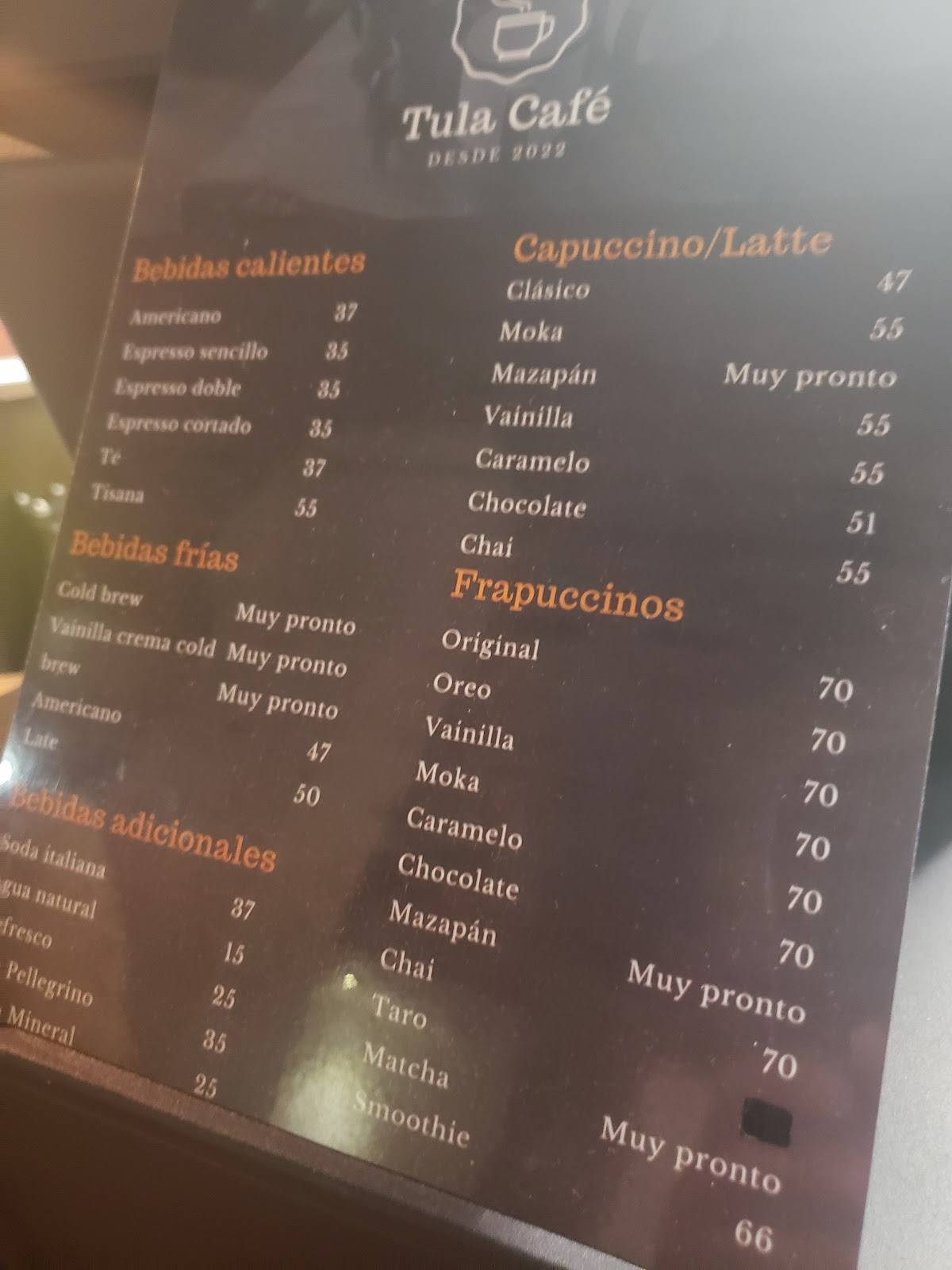Menu at Tula Café, La Paz