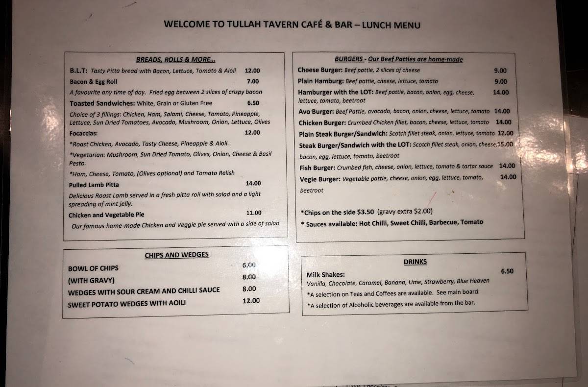Menu at Tullah Tavern pub & bar, Tullah